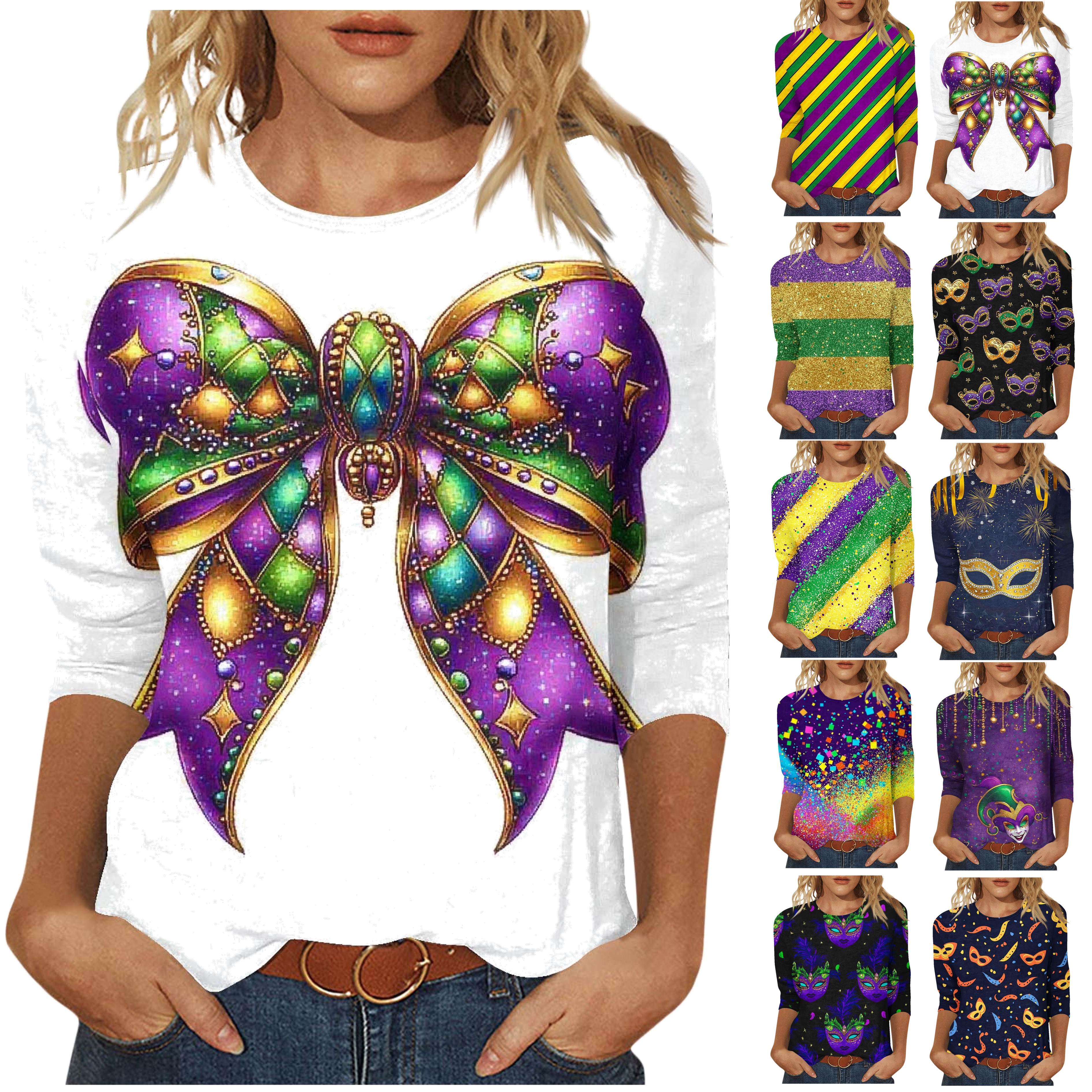 Feancey Mardi Gras 3/4 Sleeve T Shirt for Women Color Block Sequin ...
