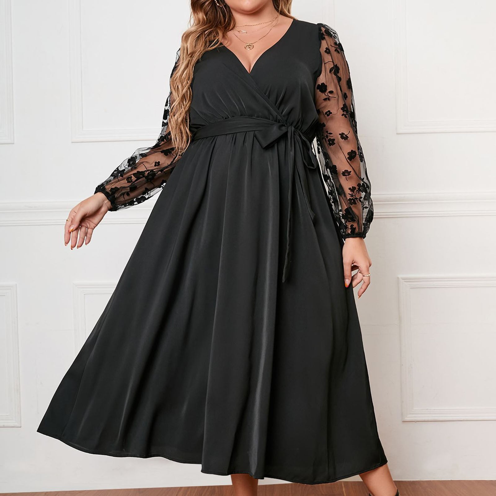 Feancey Maxi Plus Size Dresses for Curvy Women Mesh Long Sleeve Deep V ...