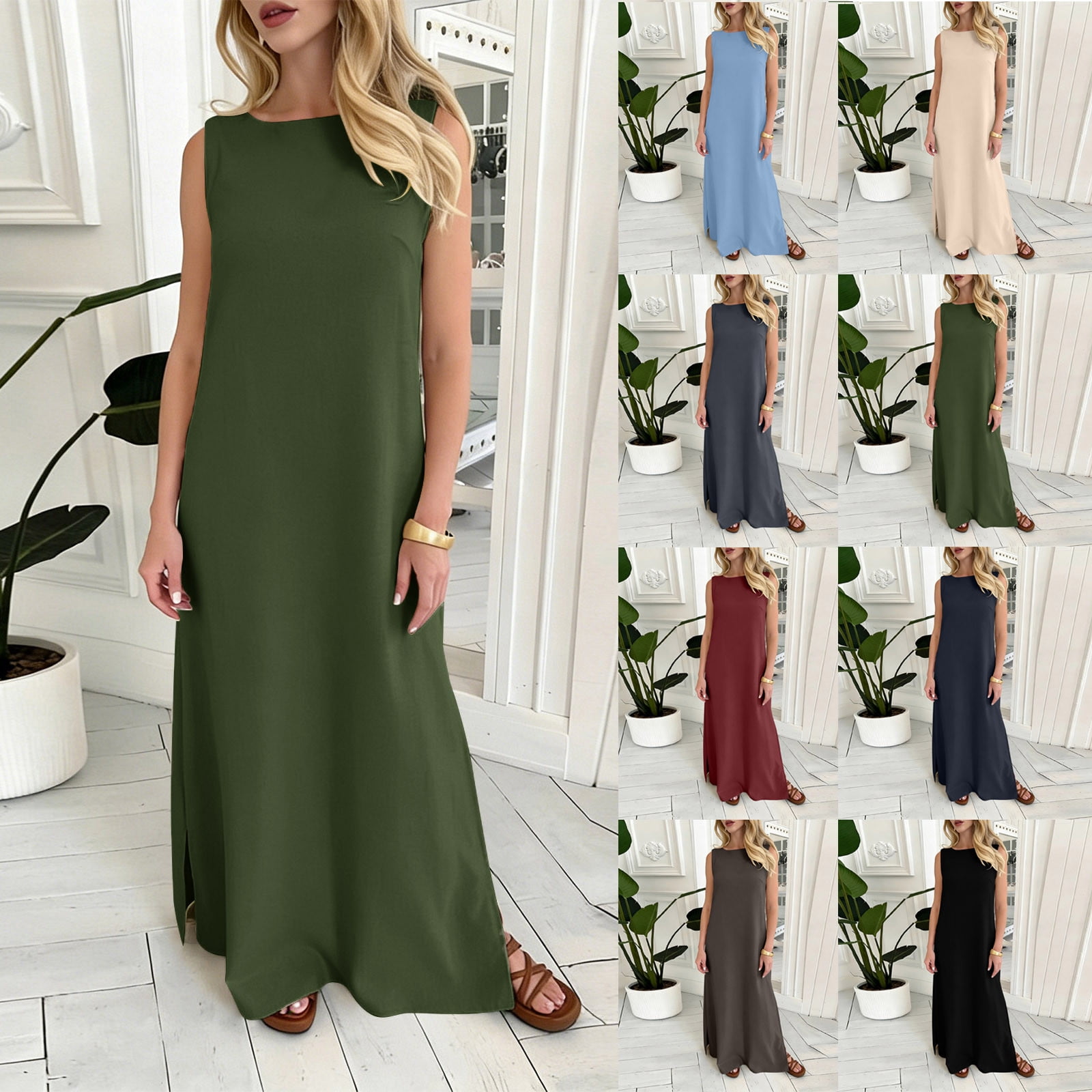 Feancey Maxi Sundresses for Women Side Split Casual Linen Shift Dress ...