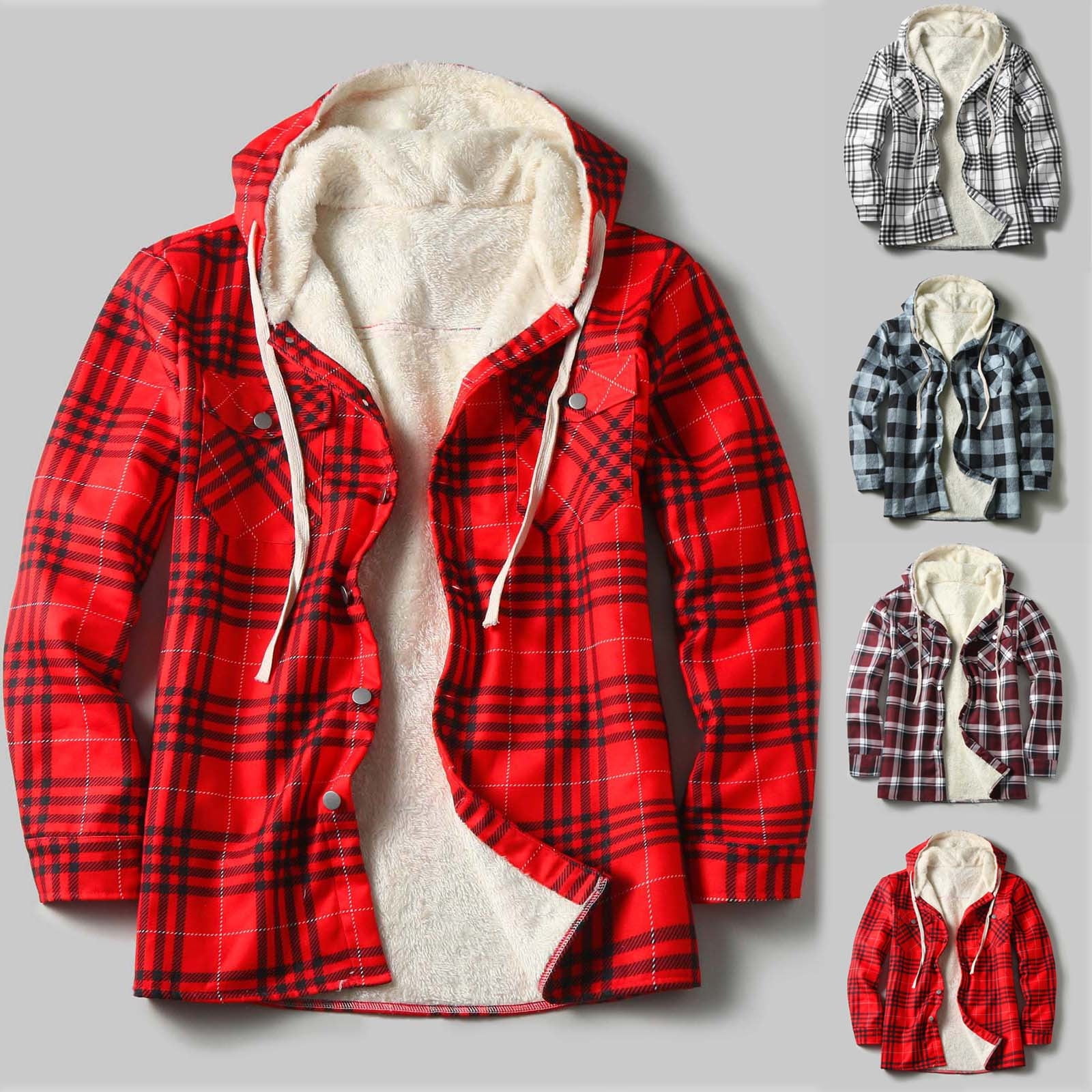Feancey Mens Flannel Hoodie Jacket Sherpa Fleece Lined Plaid Coats ...