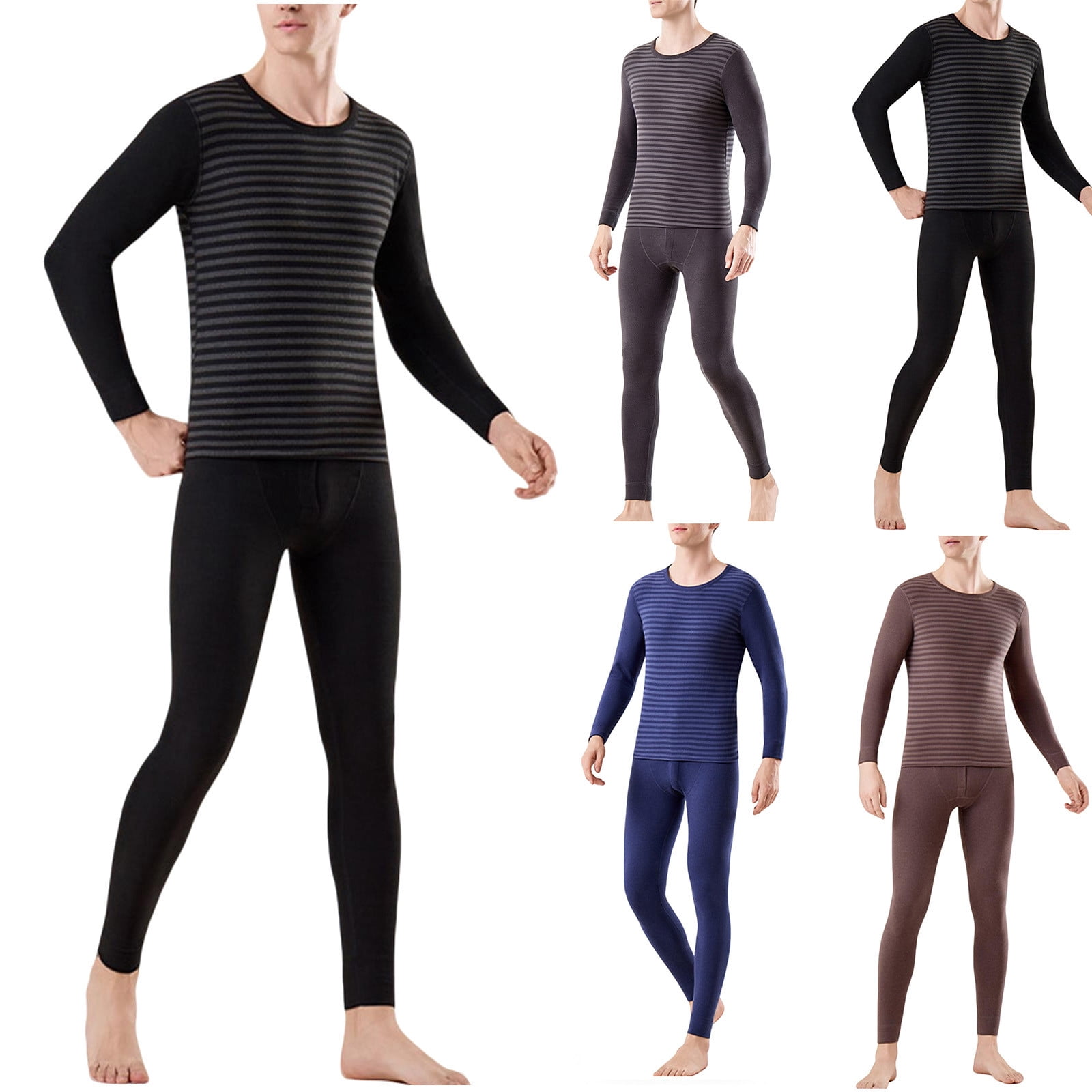 Feancey Mens Long Johns Thermals Cotton Casual Striped Base Layer Shirt ...