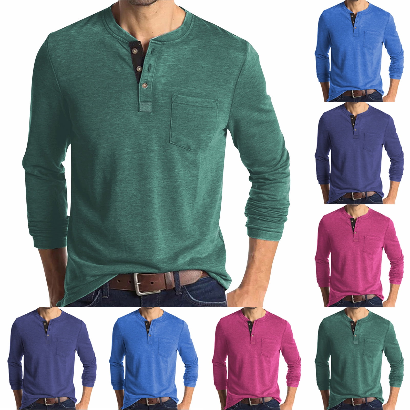 Feancey Mens Long Sleeve Henley Shirts with Pocket Solid Color Casual ...