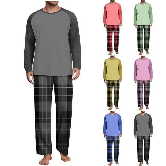 Feancey Mens Lounge Pajama Sets Color Block Long Sleeve Tshirt and Plaid Pj Pants Set Cozy ...