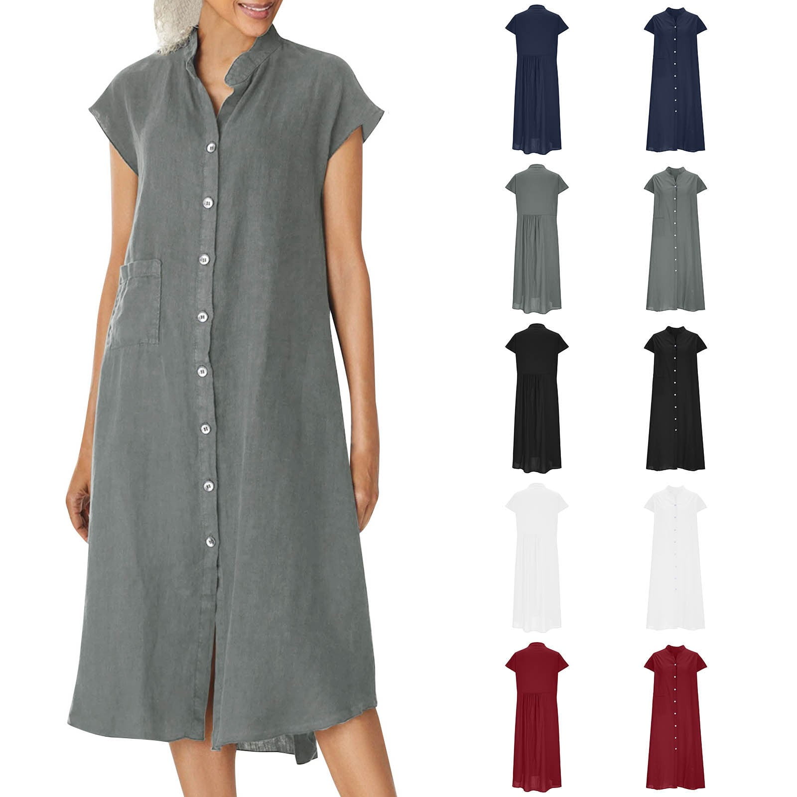 Feancey Midi Shirt Dresses for Women Button Down Casual Cotton Linen ...