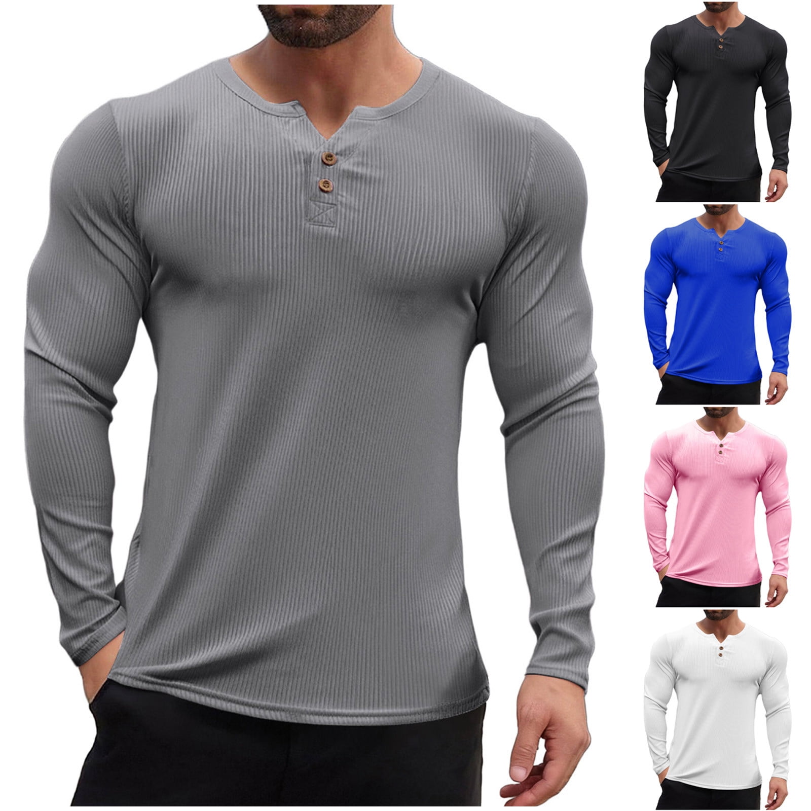 Feancey Muscle Tees for Men Slim Fit Long Sleeve Henley Shirts Ribbed ...