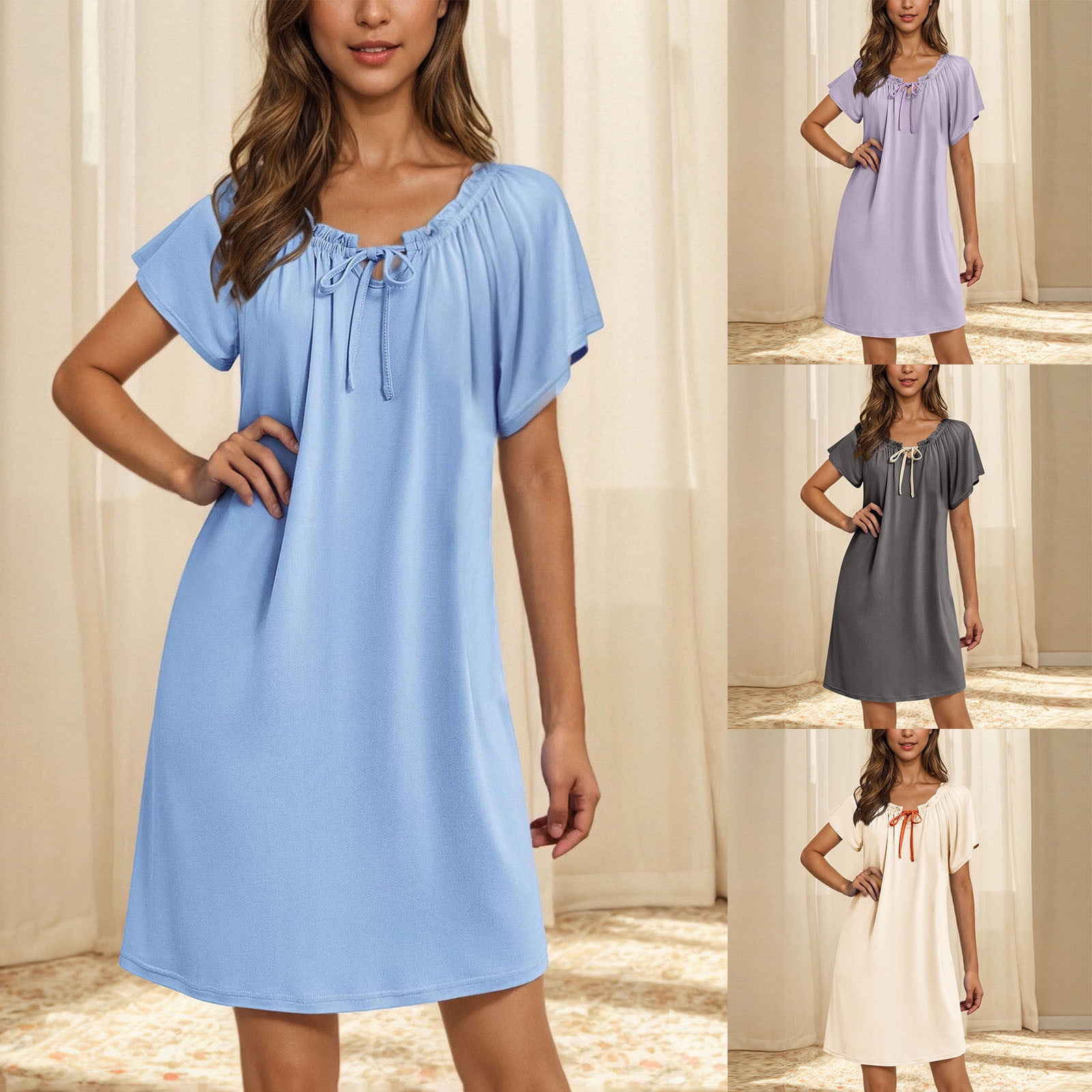 Feancey Nightgowns for Women Cotton Casual Pleated Sleep Shirts Ruffle ...