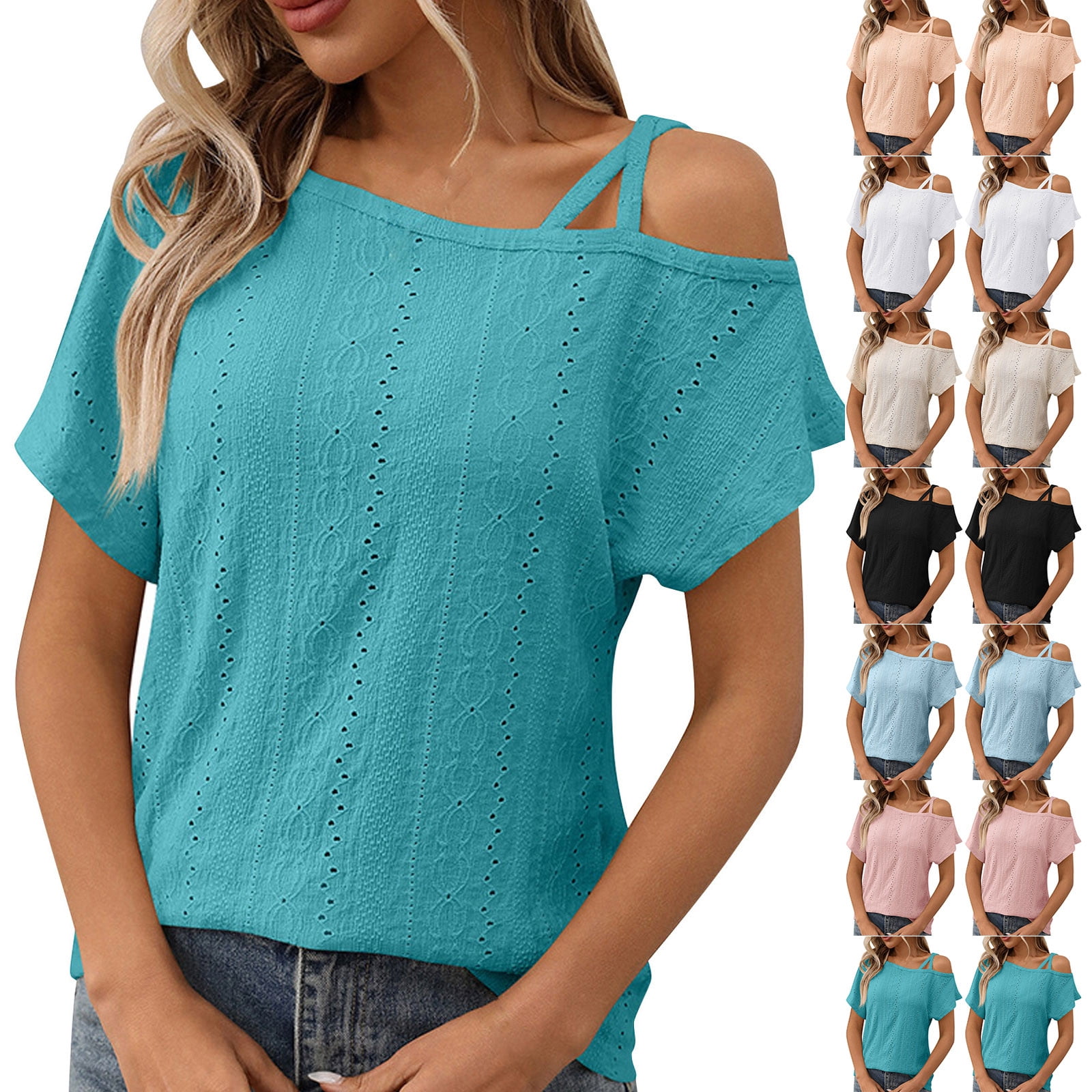 Feancey One Cold Shoulder Tops for Women Dressy Casual Eyelet Short ...