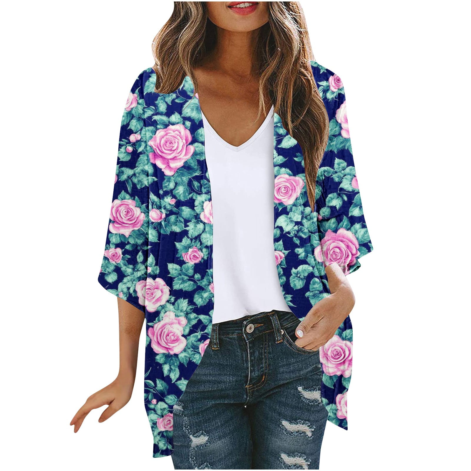Feancey Open Front Cardigans for Women Dressy Casual 3/4 Sleeve Floral ...