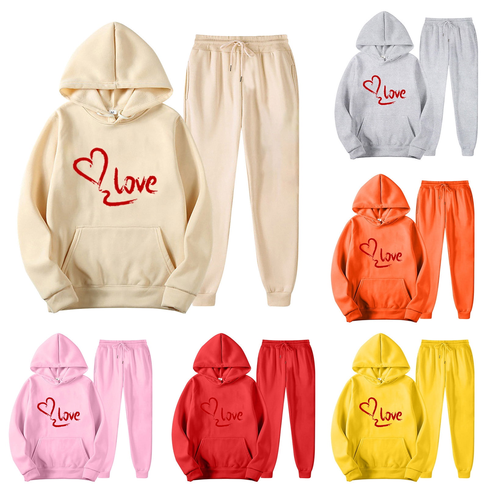 Feancey Oversized Jogger Sets for Women Love Heart Print Hooded Lounge ...