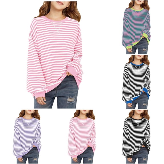Feancey Oversized Tops for Teen Girls Colorblock Striped Crewneck ...