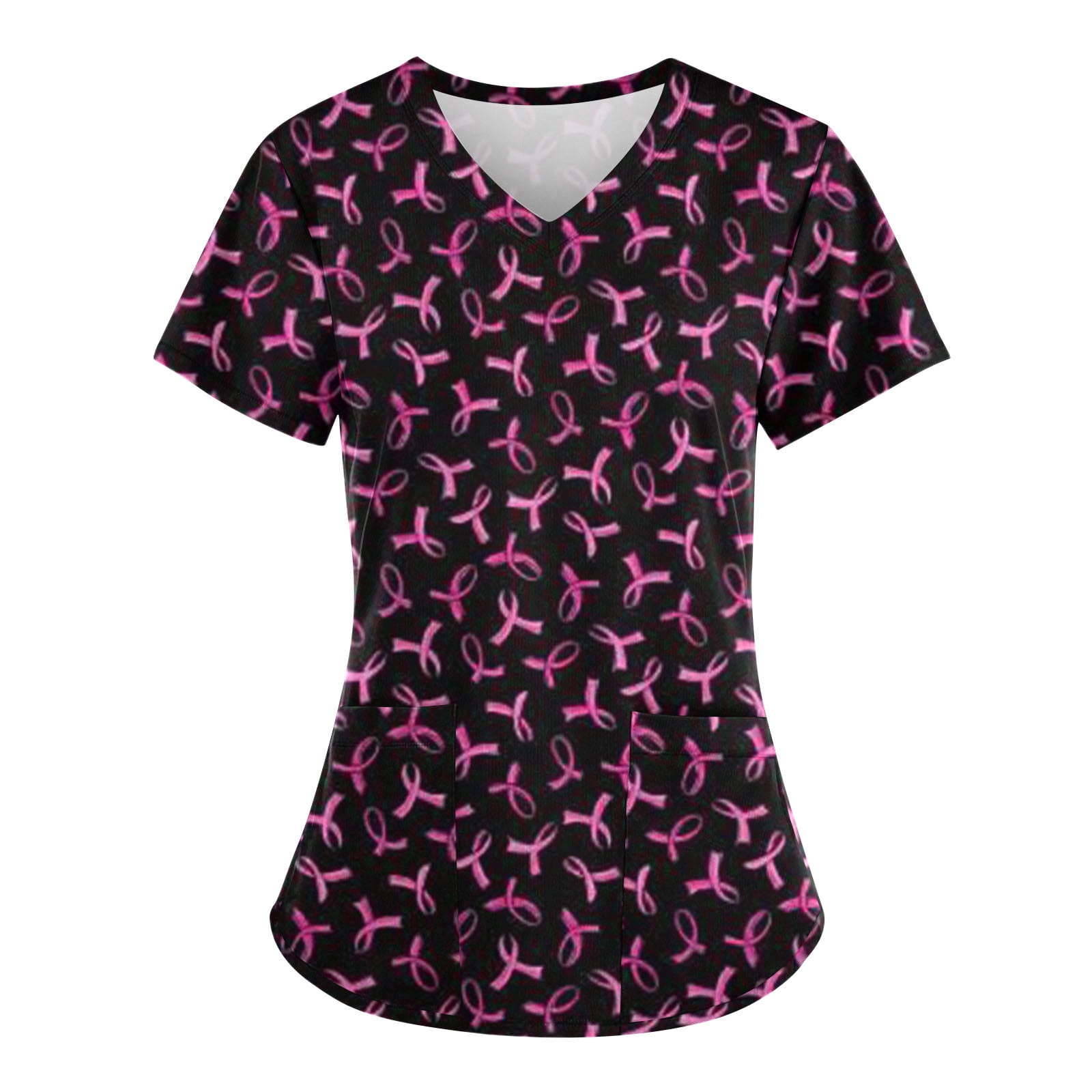 Feancey Pink Ribbon Scrub Tops Women Breast Cancer Awarness Scrubs ...