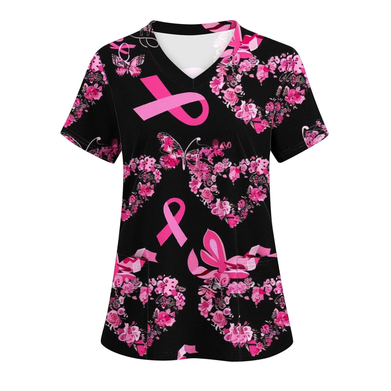 Feancey Pink Scrub Tops Women Stretchy Casual Breast Cancer Awareness ...