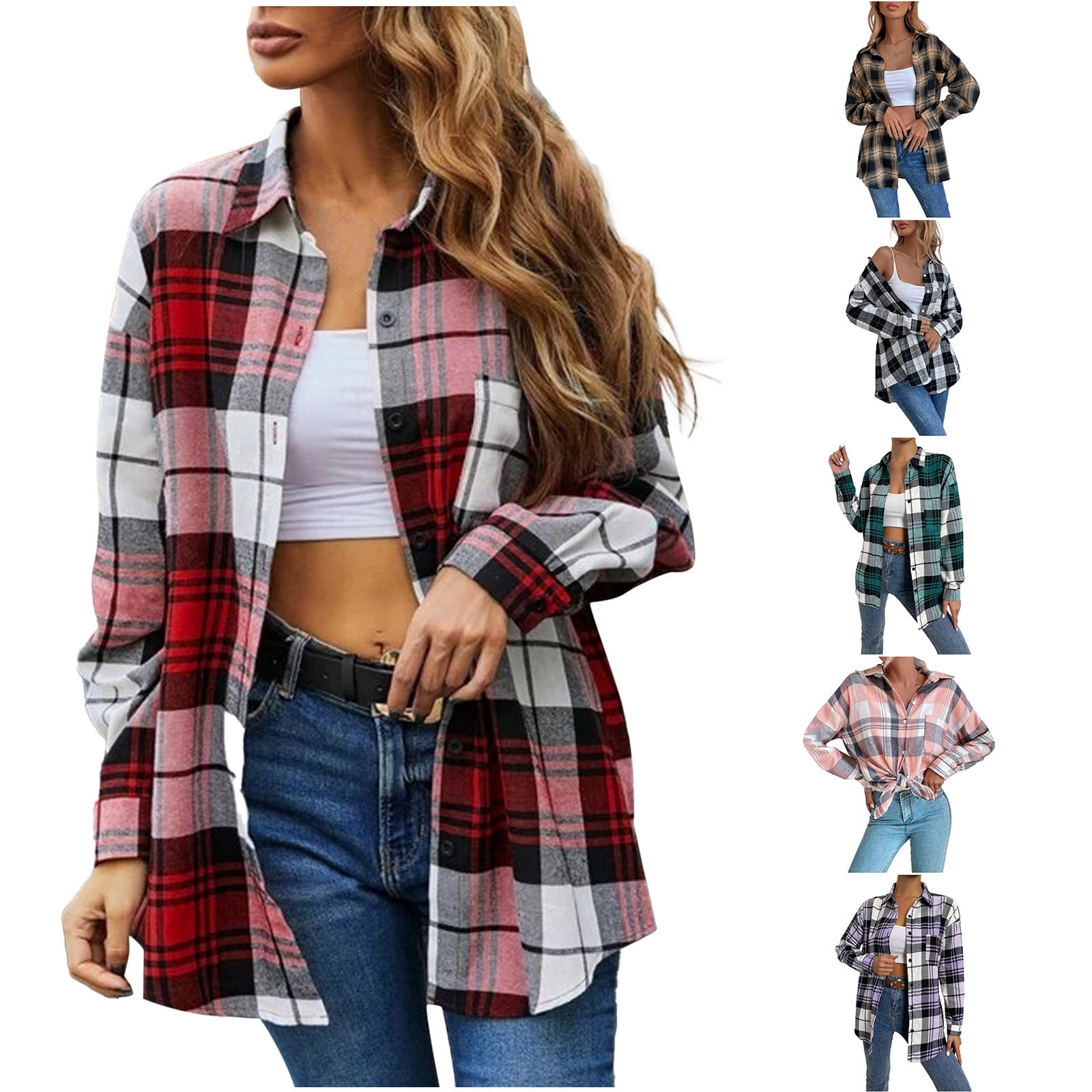 Feancey Plaid Button Down Shirts for Women Long Sleeve Lapel Collared ...