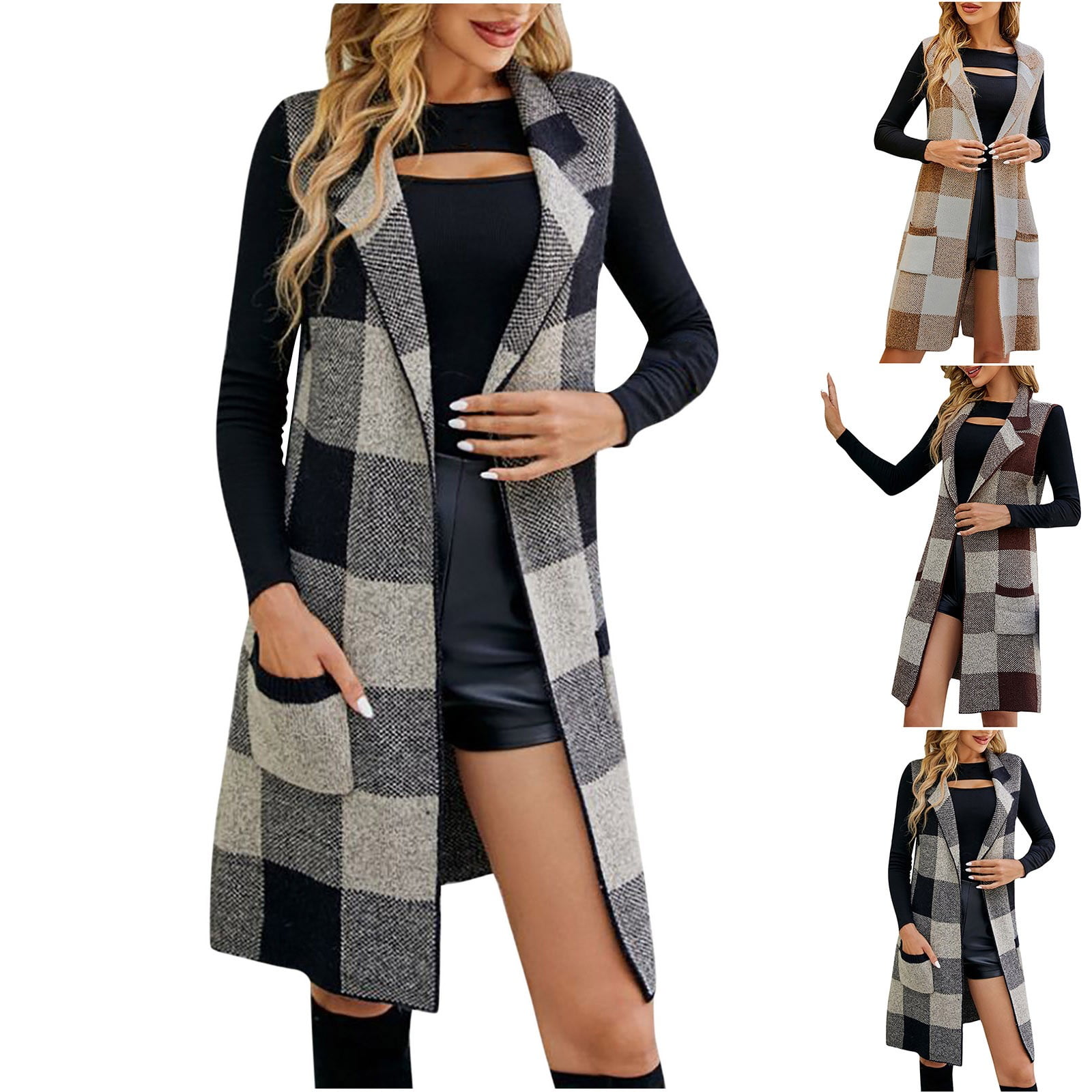 Feancey Plaid Cardigans for Women Open Front Sleeveless Long Vest ...