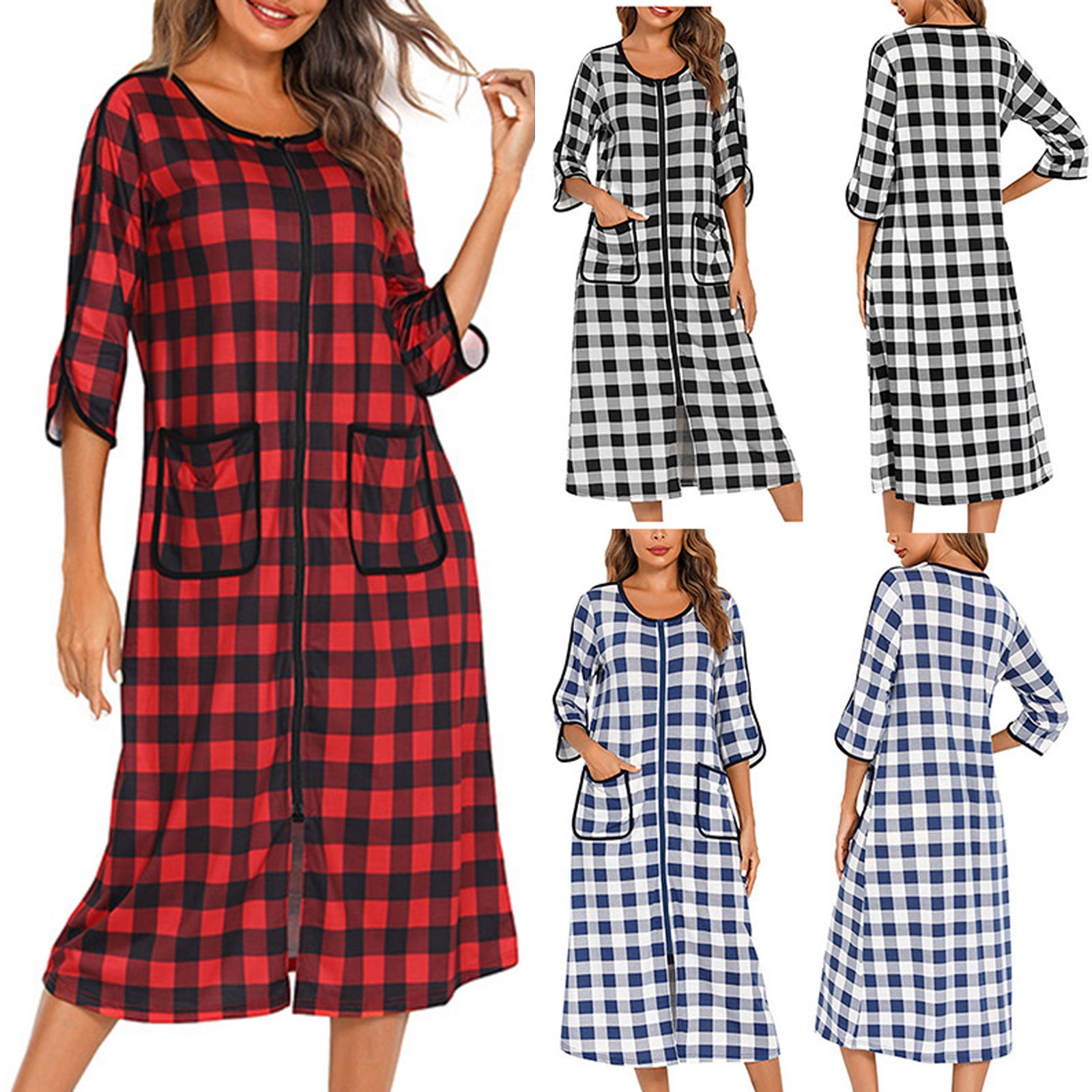 Feancey Plaid Nightgowns for Women Zipper Front 3/4 Sleeve Nighshirt ...