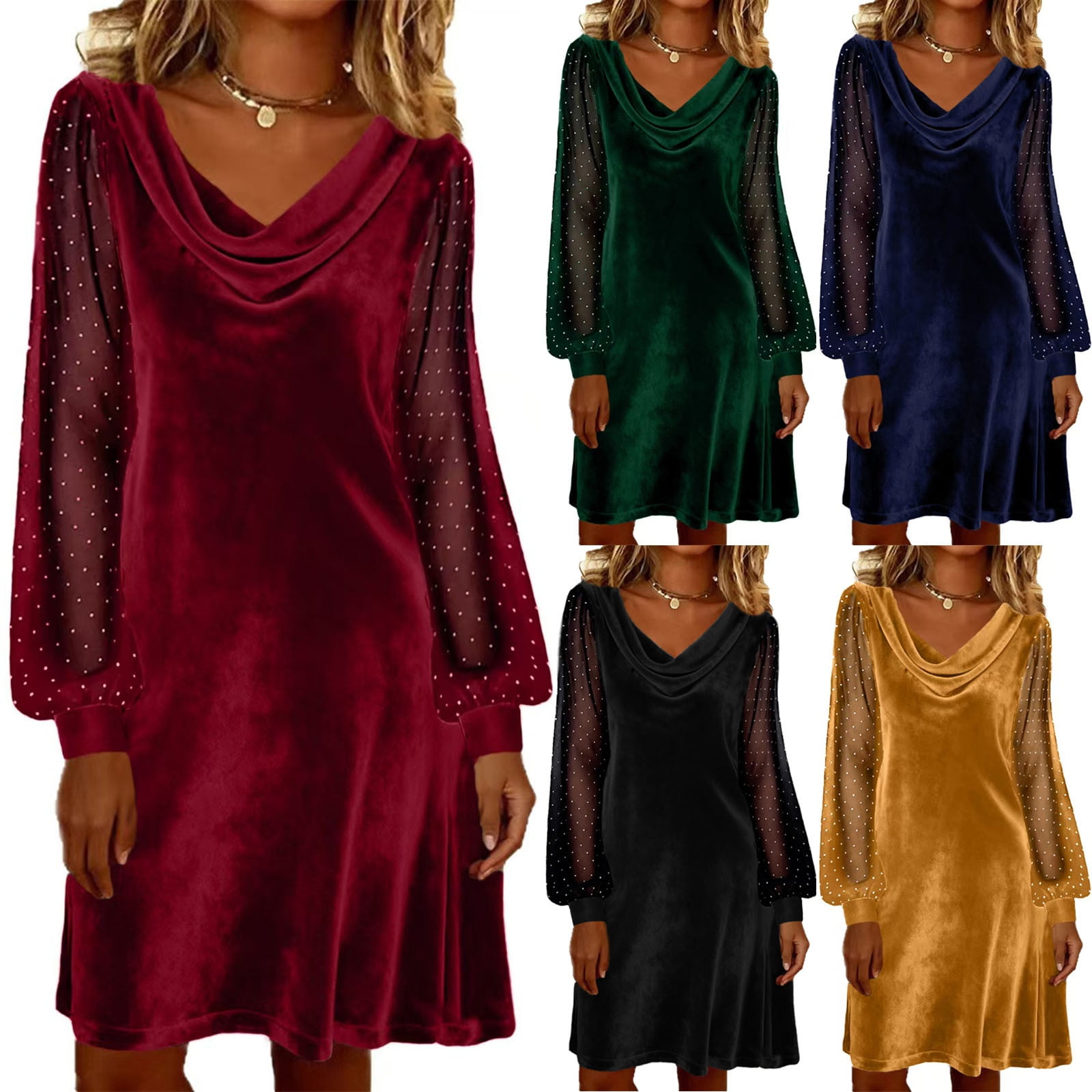 Feancey Plus Size Cocktail Dresses for Women Velvet Cowl Neck Long ...