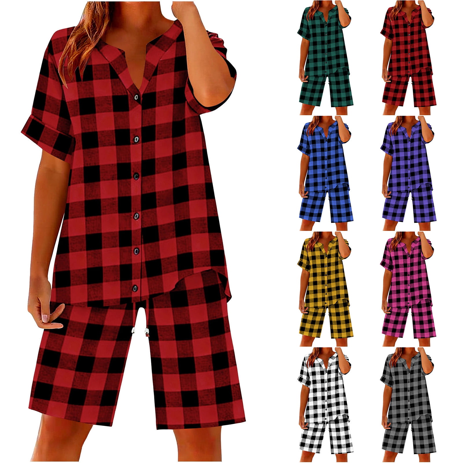 Feancey Plus Size Outfits for Women Plaid Pajama Sets Button Down ...