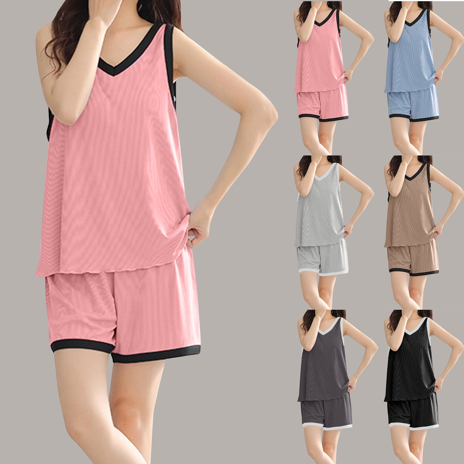 Feancey Plus Size Pajama Short Sets for Women Colorblock Casual Pjs ...