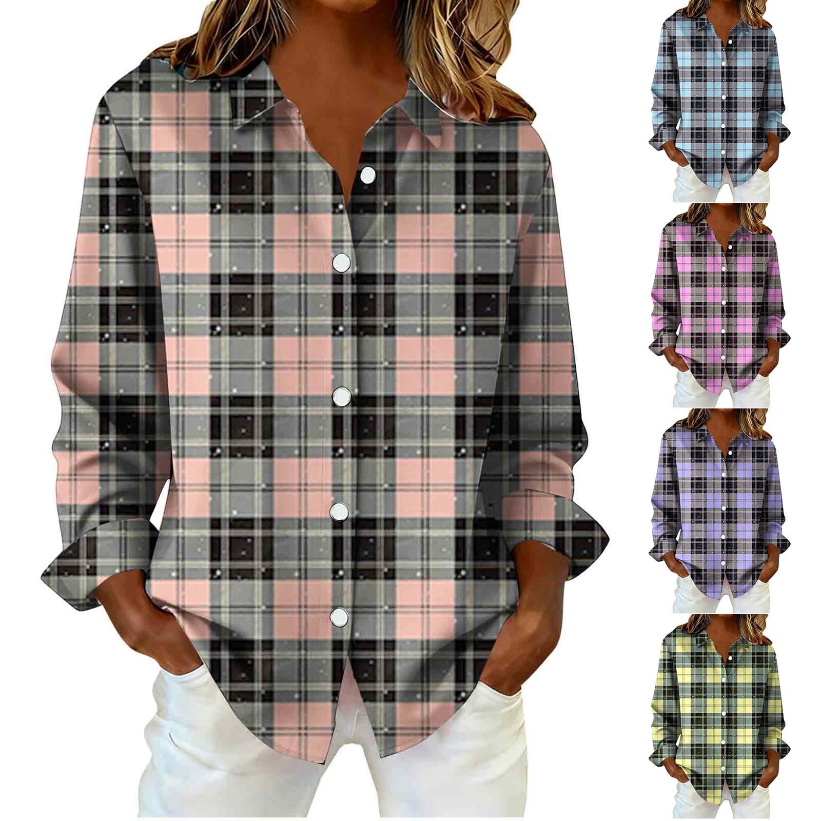 Feancey Plus Size Plaid Shirts for Women Long Sleeve Button Down Shirt ...