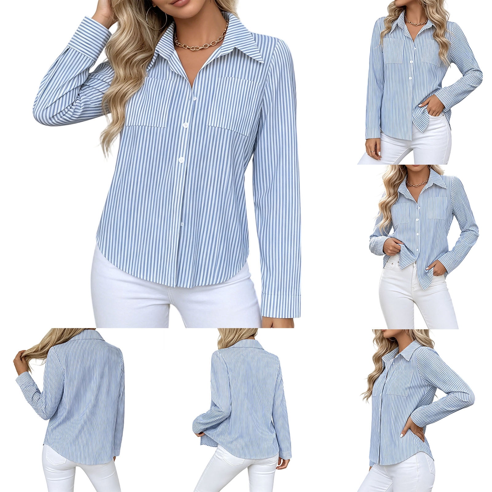 Feancey Plus Size Striped Shirts for Women Long Sleeve Collared Dress ...