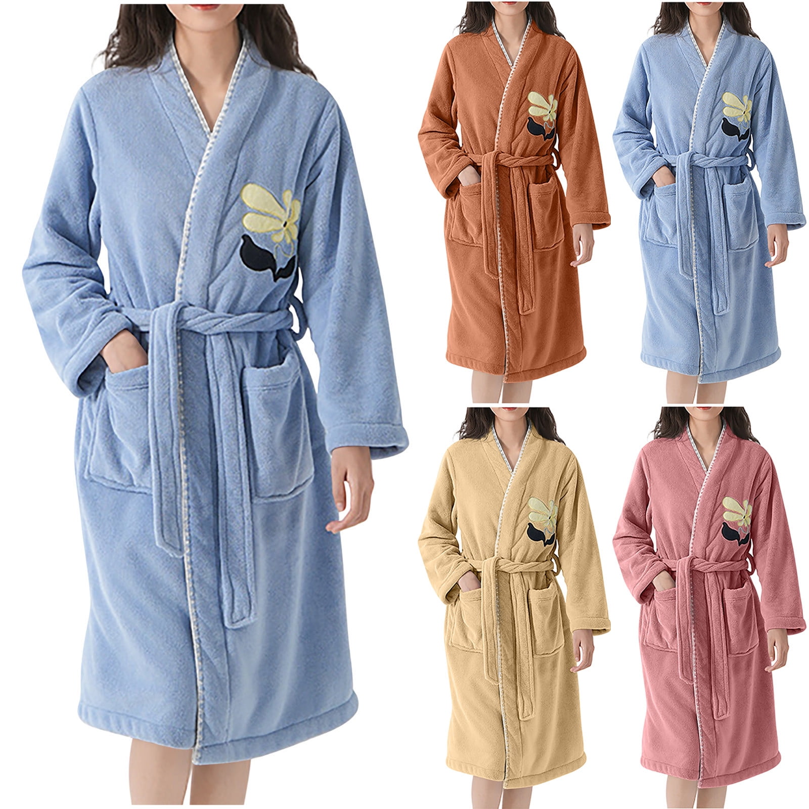 Feancey Plush Robes for Women Fleece Fuzzy Bathrobes Long Casual Floral ...