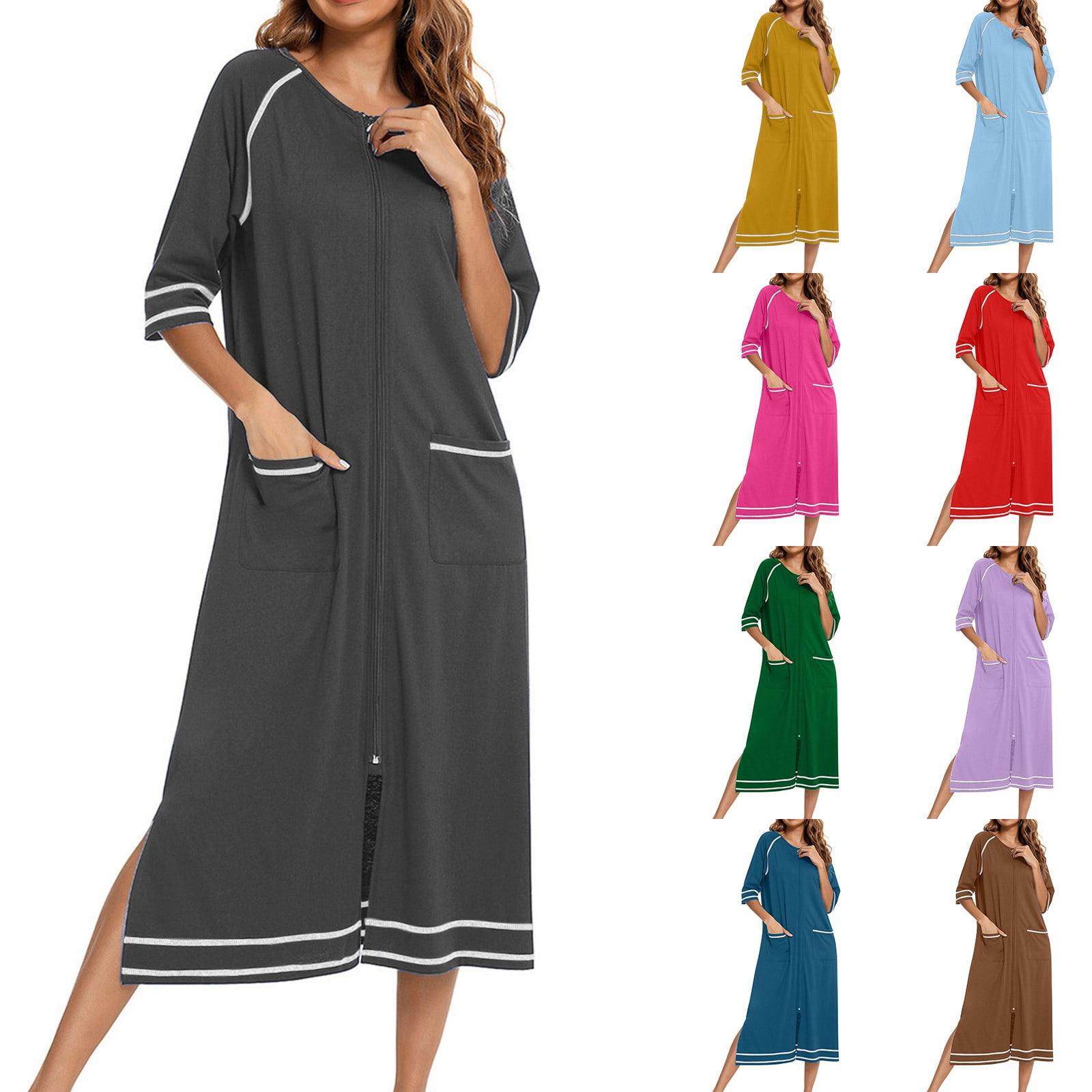 Feancey Robes for Women Zip Up 3/4 Length Sleeve Sleepwear Soft ...