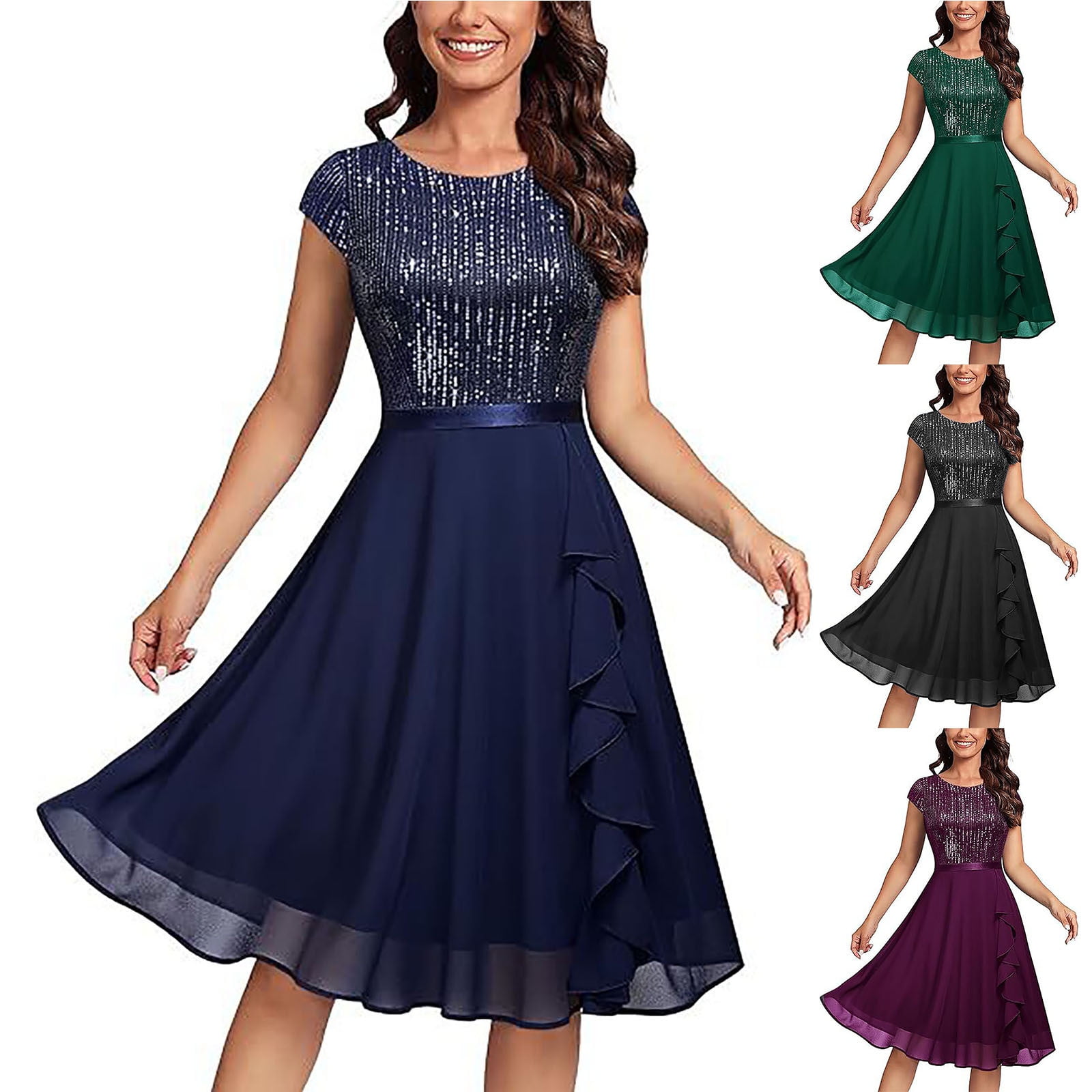 Feancey Semi Formal Sequin Dresses for Women Elegant High Waist Short Sleeve Midi Dress ...