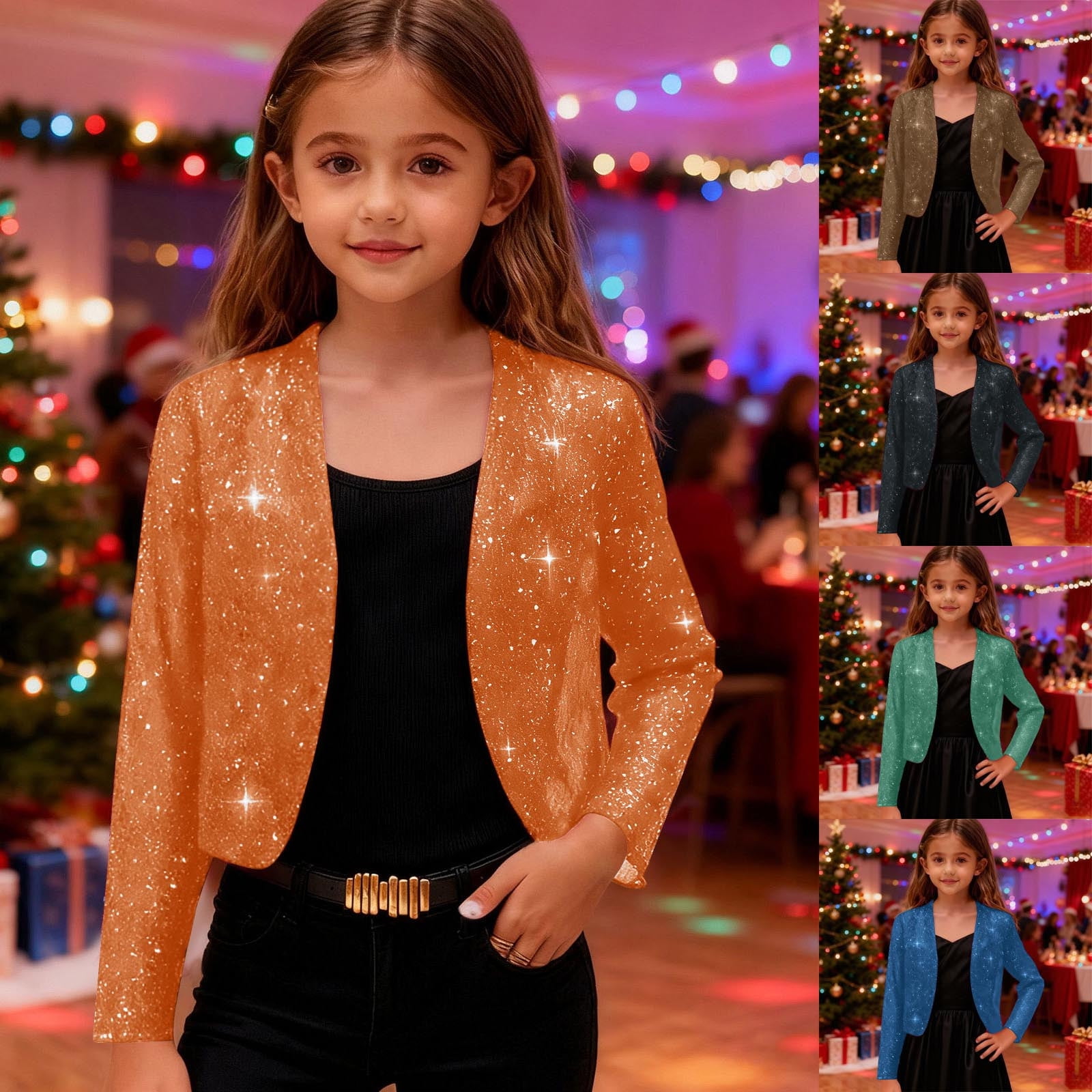 Feancey Sequin Cardigans for Girls Sparkly Open Front Cropped Jackets ...