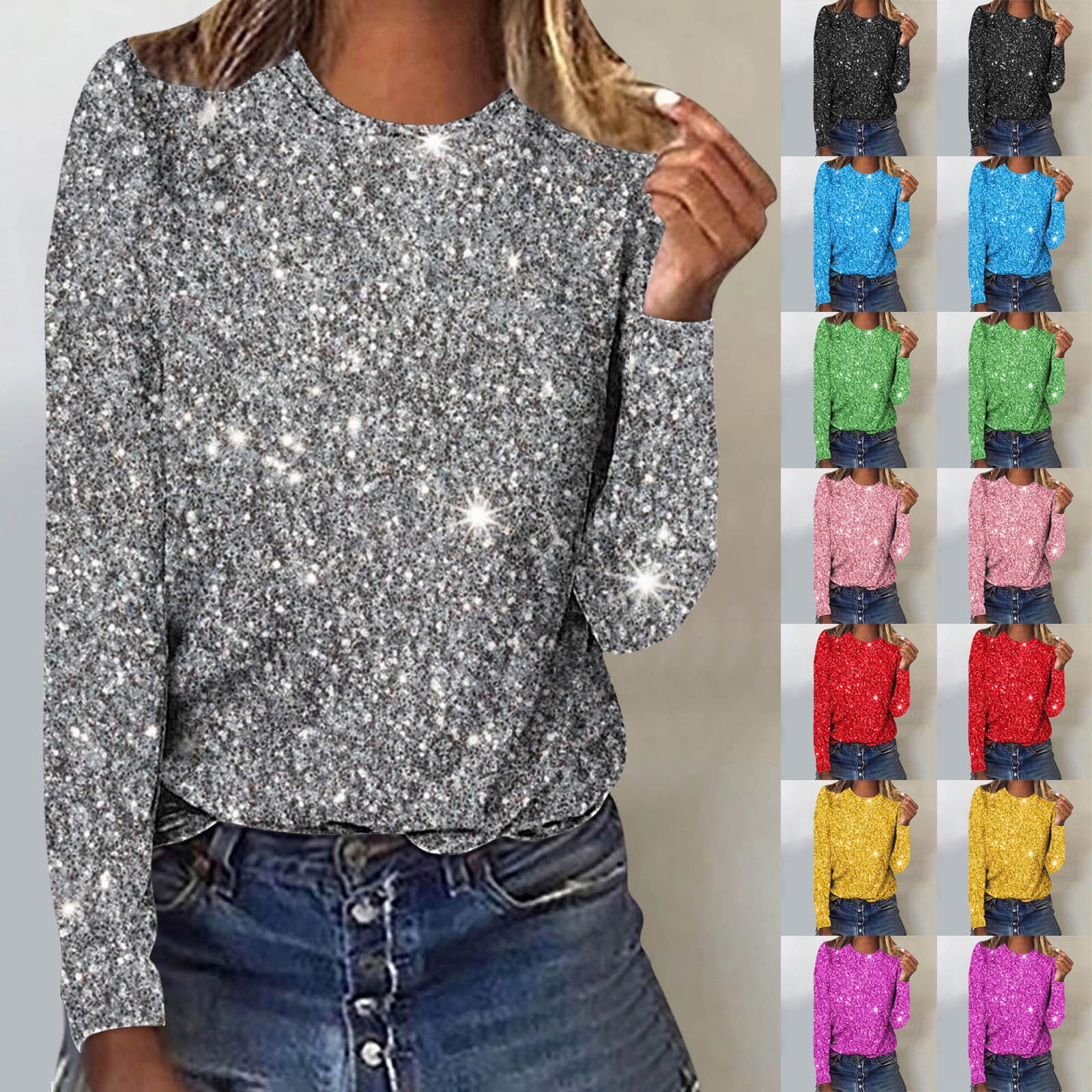 Feancey Sequin Printed Tops for Women Long Sleeve Crewneck T-shirt ...