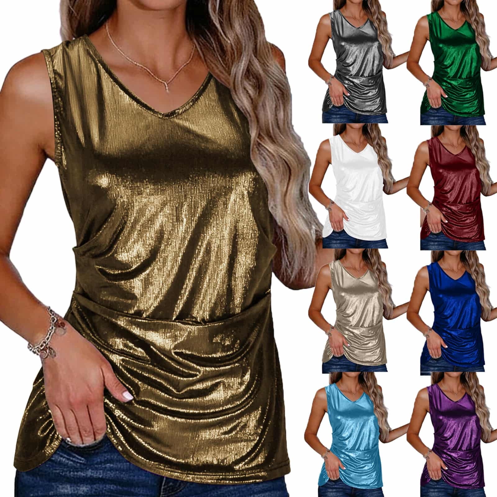 Feancey Shiny Tank Tops for Women Party Night Sleeveless Pleated T ...