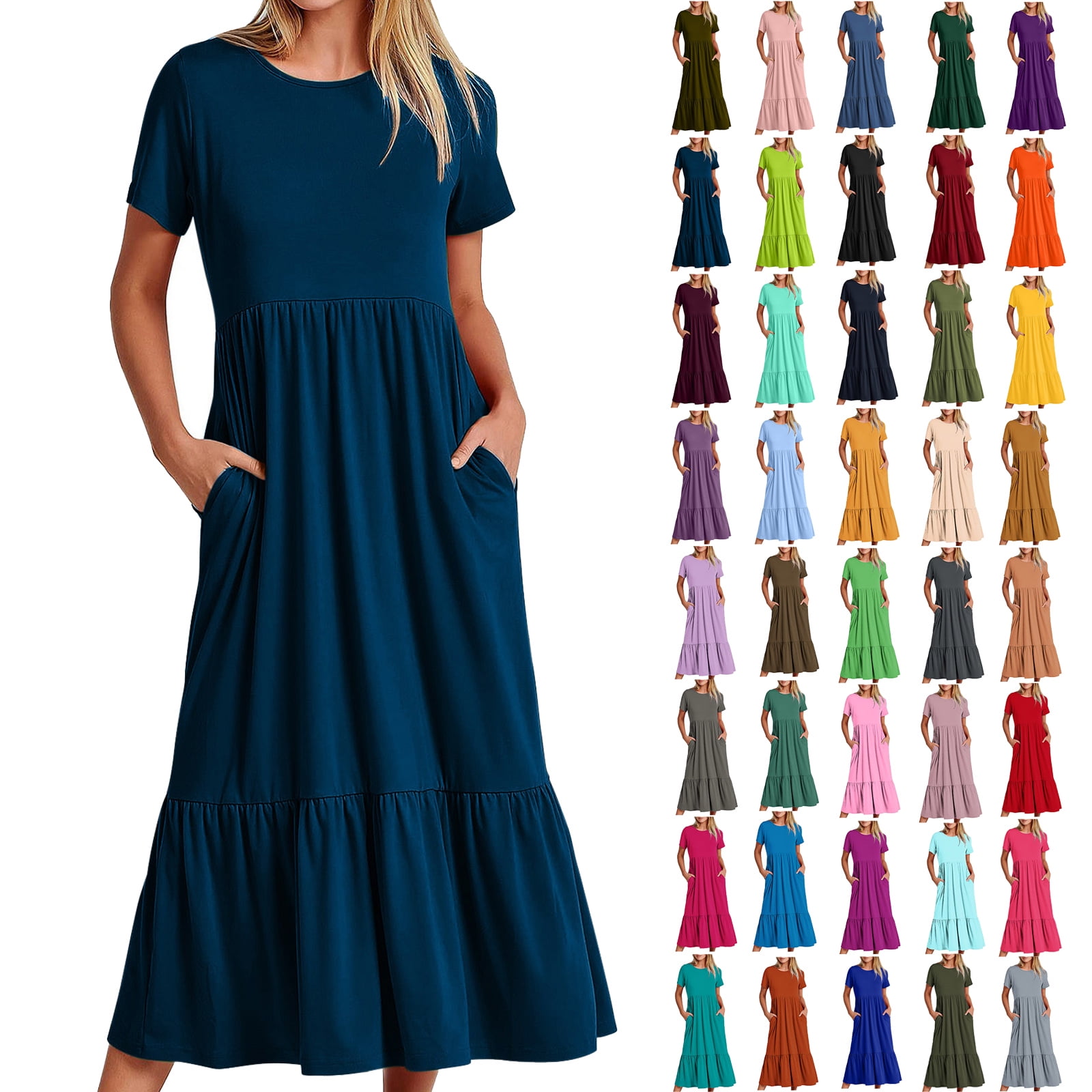 Feancey Short Sleeve Maxi Dresses for Women with Pockets Casual High ...