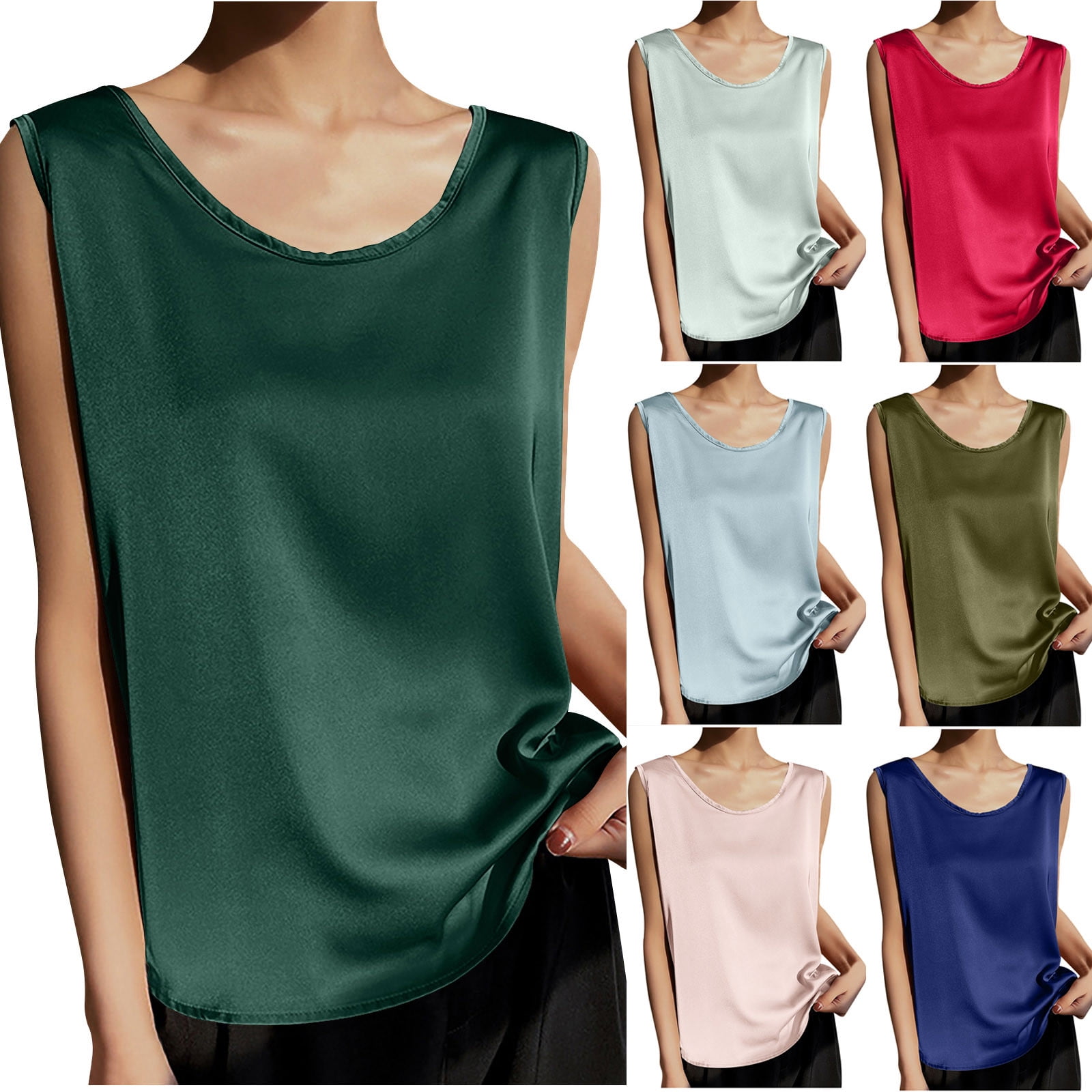 Feancey Silk Satin Tank Tops for Women Scoop Neck Sleeveless Loose ...