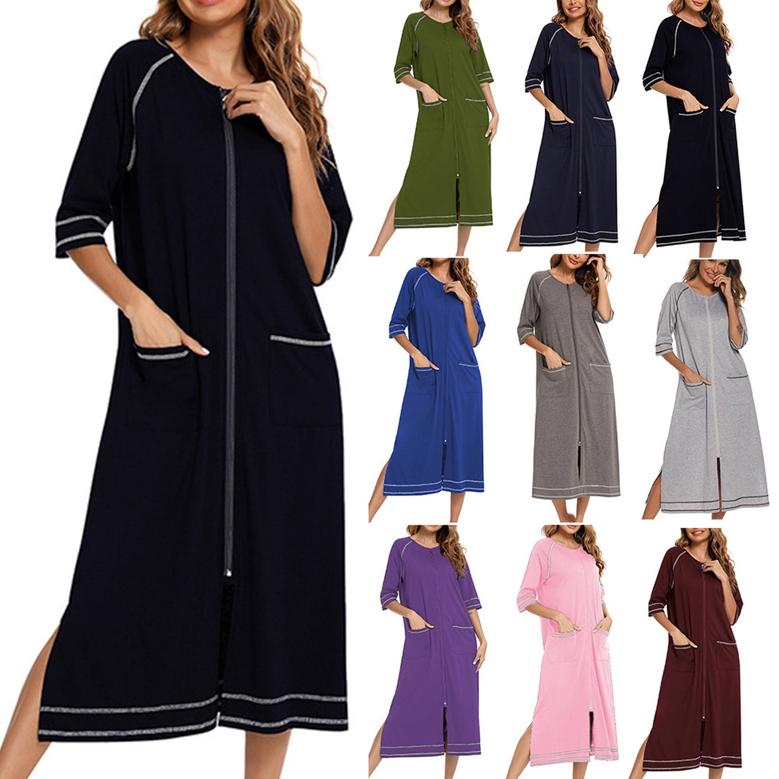 Feancey Soft Nightgowns for Women 3/4 Sleeve Zip Up Nightdress Mid ...