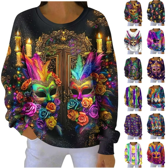 Feancey Spring Sweatshirts for Women Mardi Gras Shirt Ribbed Knit Long ...