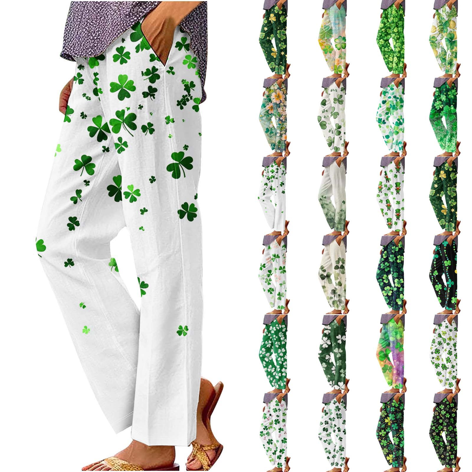 Feancey St Patrick's Day Pants Women Faux Cotton Linen Wide Leg Pant Shamrock Print Plus Size ...