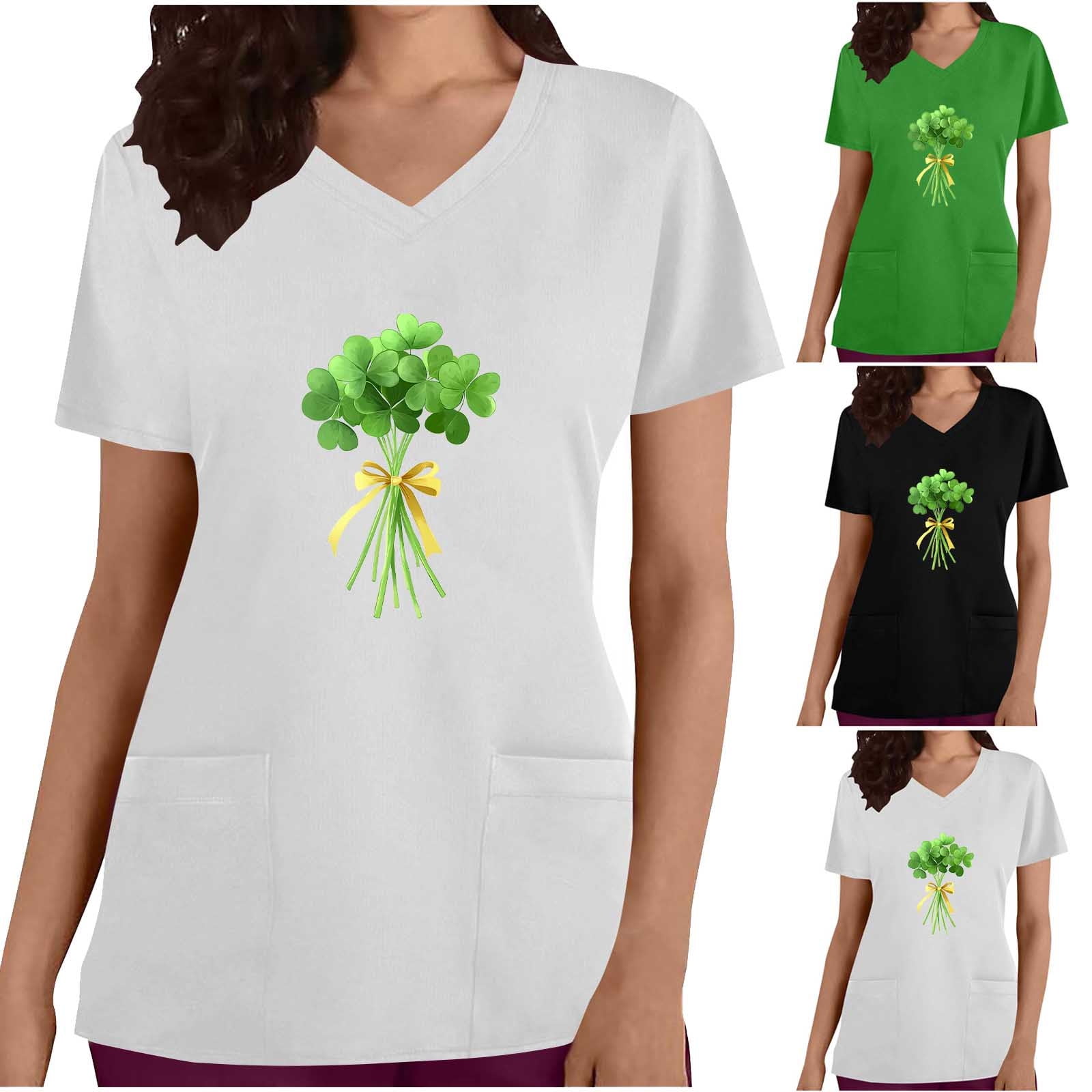 Feancey St.Patricks Day Scrub Tops for Women Irish Shamrock Graphic Tee ...