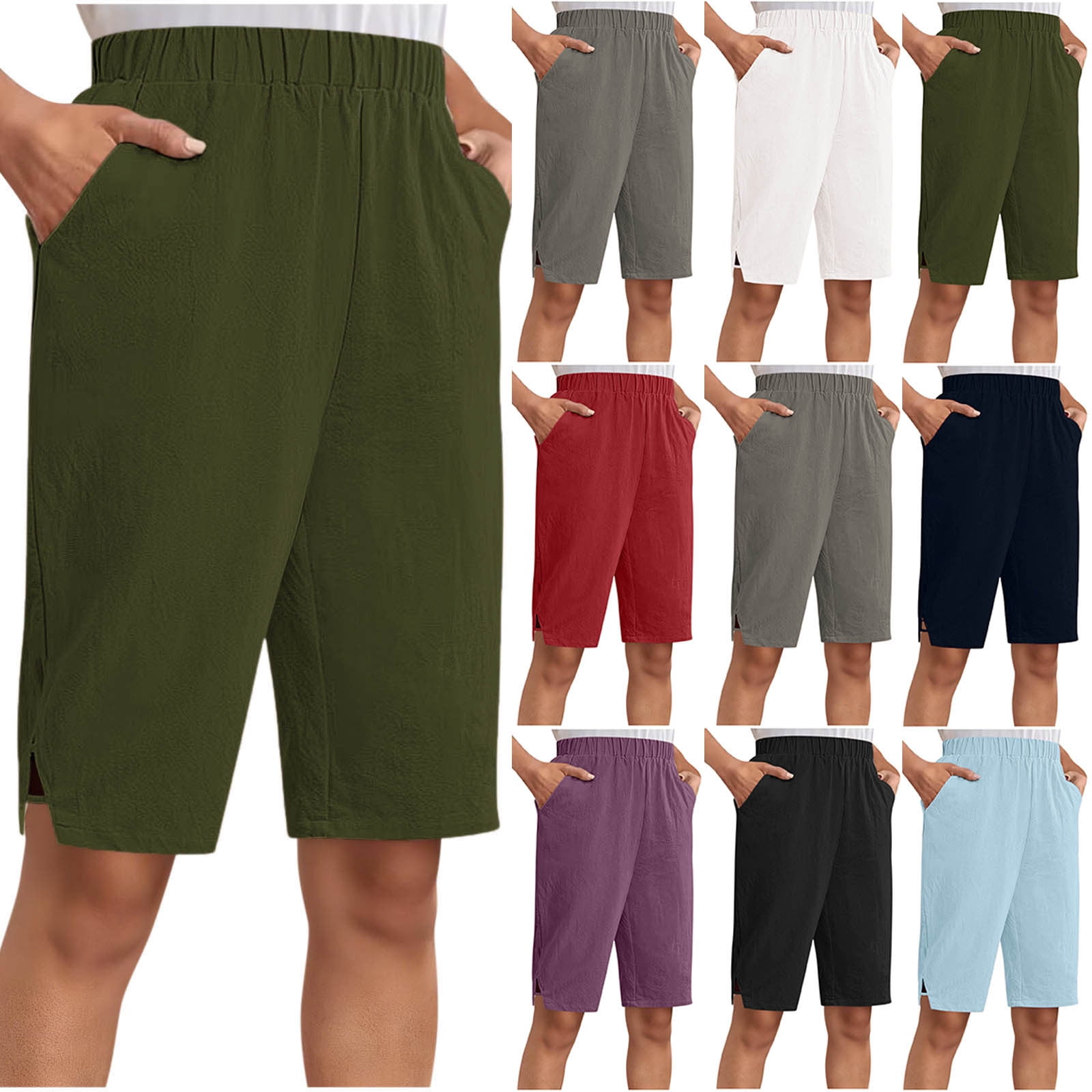 Feancey Straight Leg Shorts for Women Side Split Casual Bermuda Shorts ...