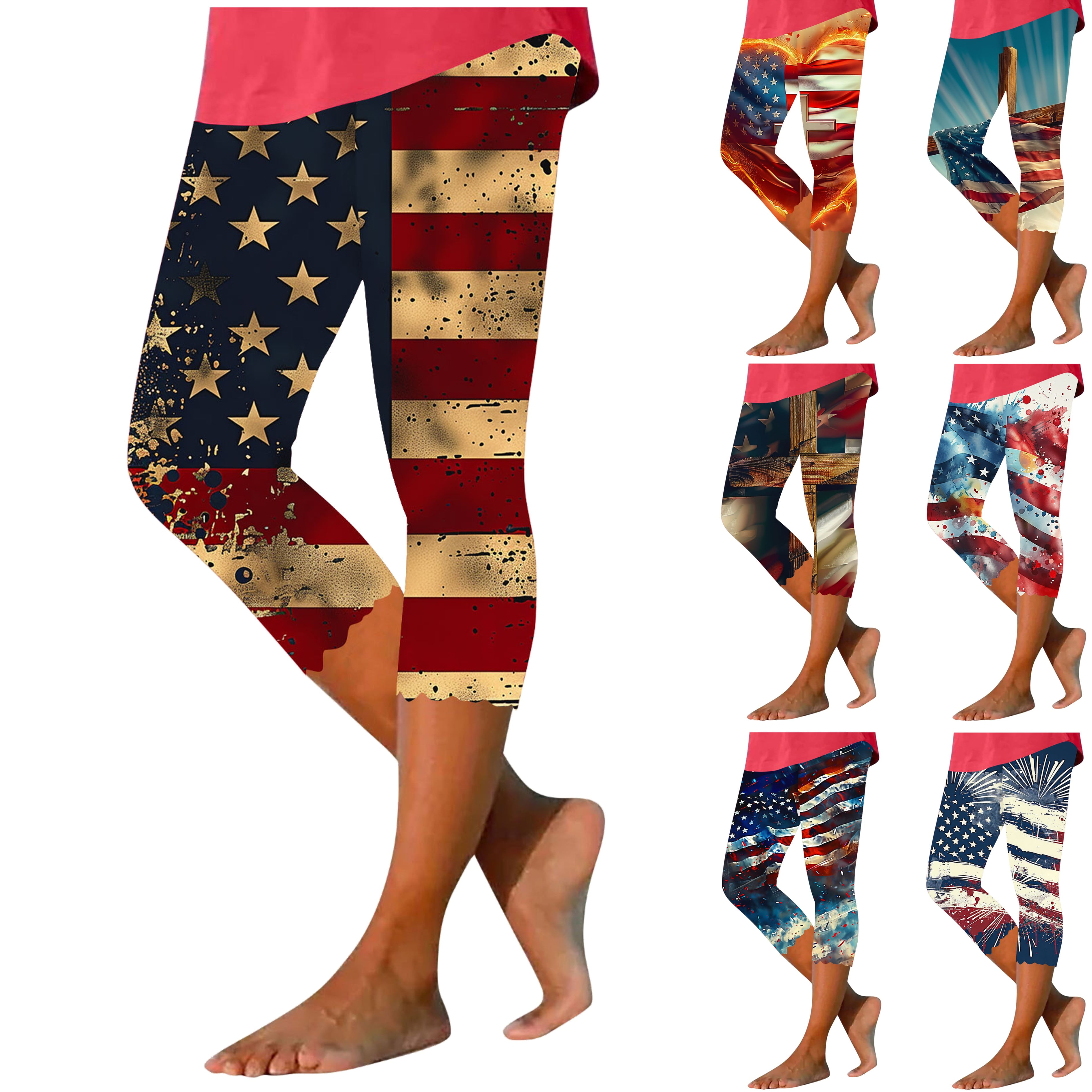 Feancey Stretch Leggings for Women 4th of July Capri Pants Buttery Soft High Waisted Workout ...