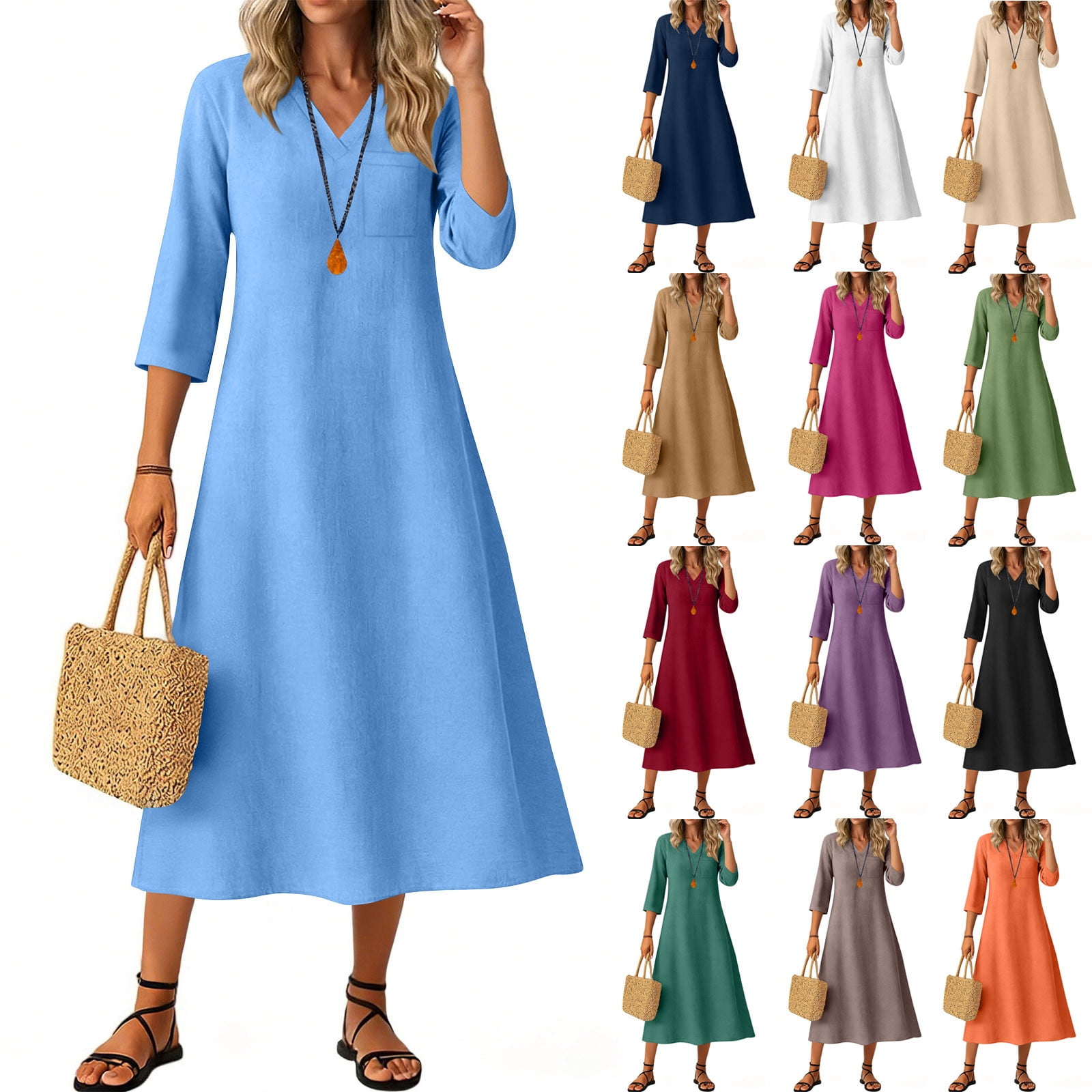 Feancey Summer Vacation Dresses for Women Linen 3/4 Sleeve V Neck Midi ...