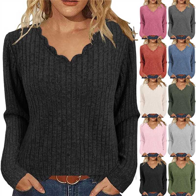 Feancey Sweaters for Women Lace Trim V Neck Tunic Tops Knitted Casual ...