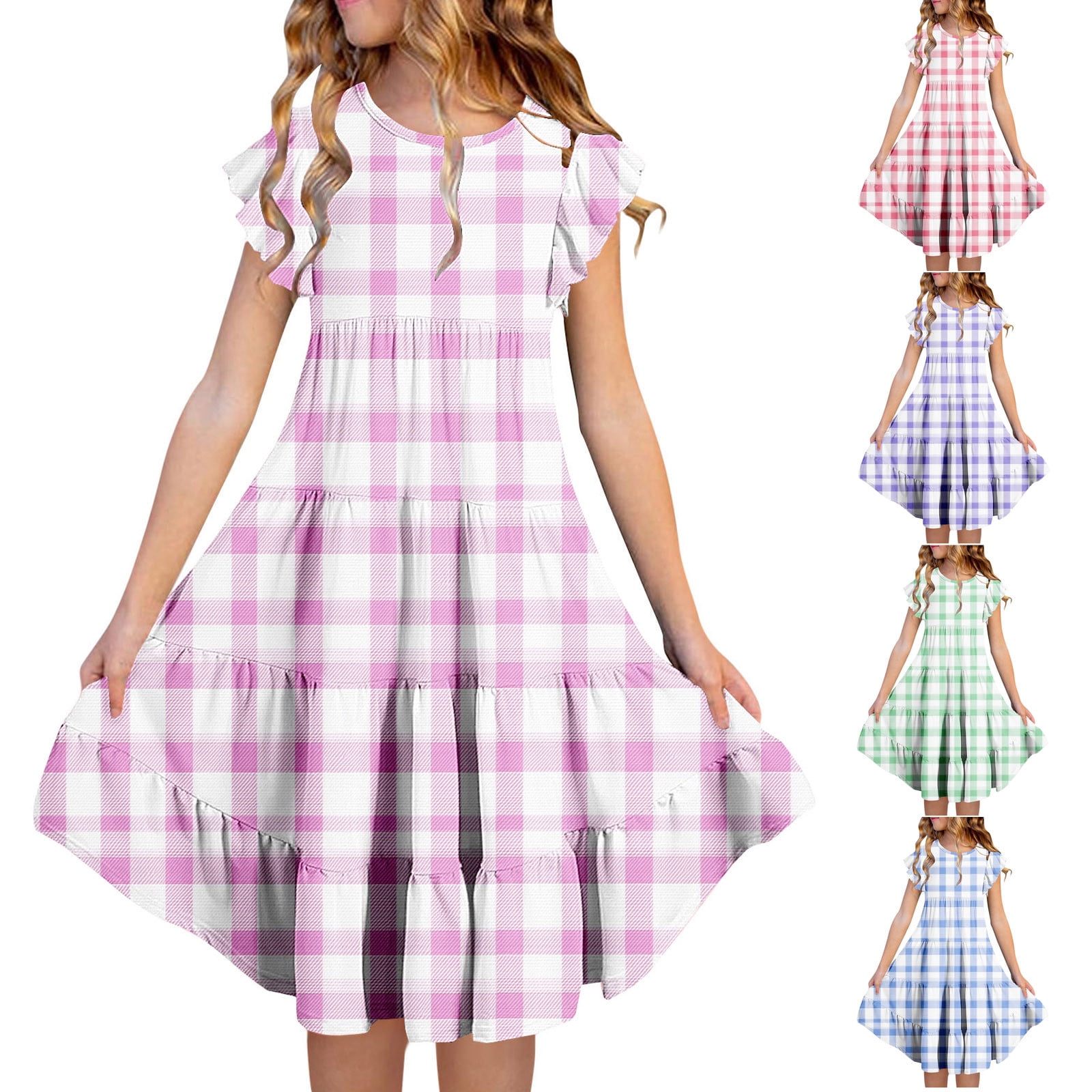 Feancey Teen Girls Summer Dresses Trendy Plaid Print Ruffle Sleeve ...