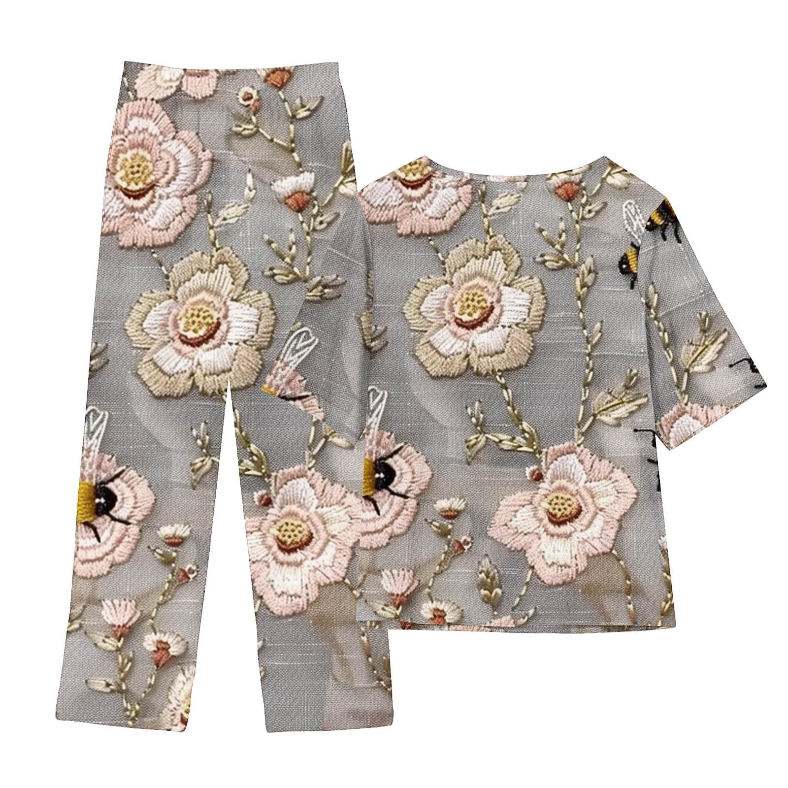 Feancey Two Piece Linen Sets for Women 3D Floral Print Vintage Outfits ...
