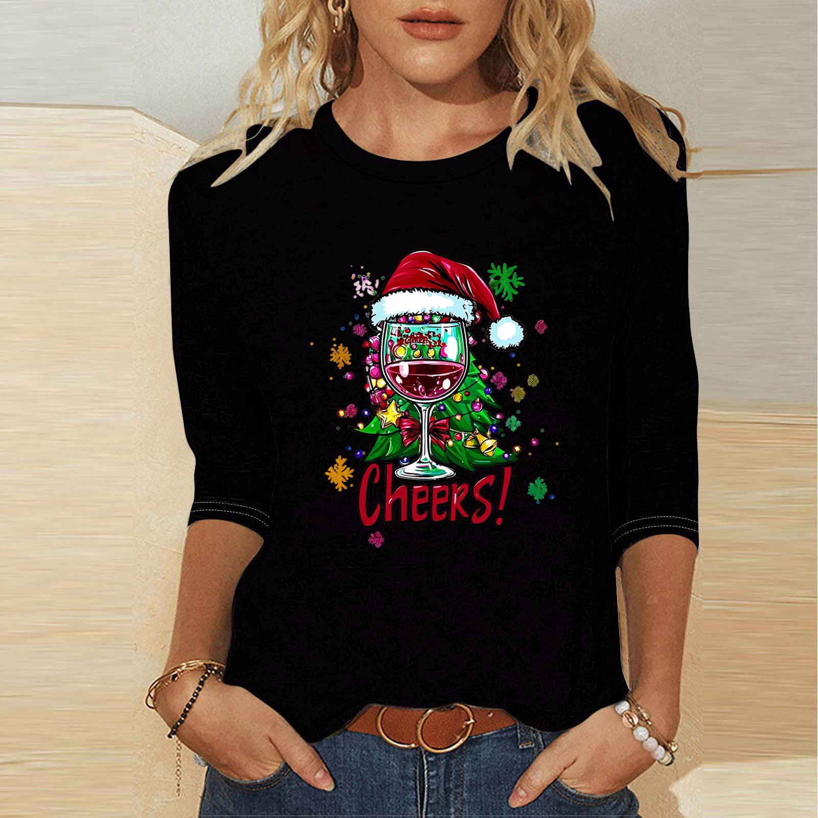 Feancey Ugly Christmas Shirts for Women Plus Size 3/4 Sleeve Tops ...