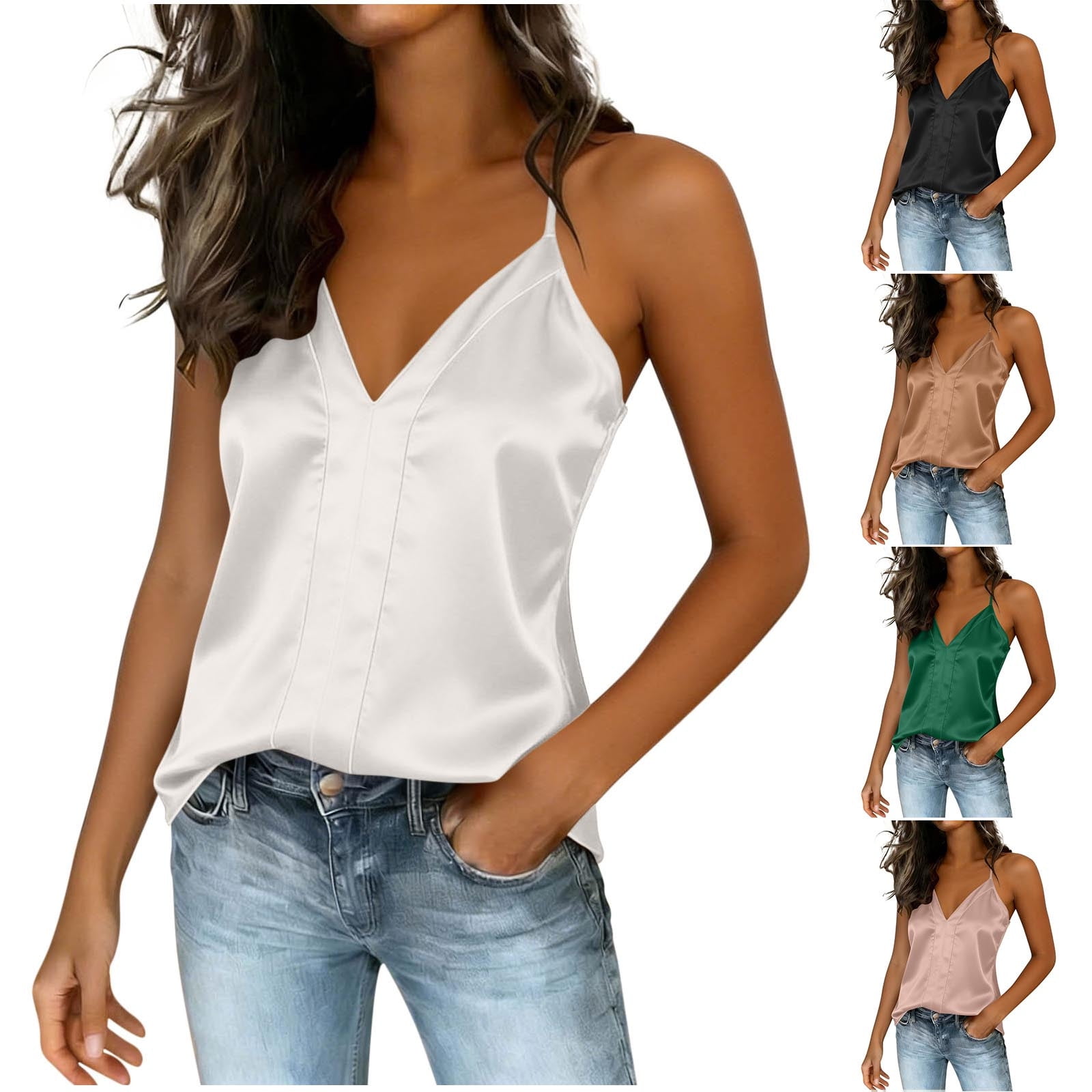 Feancey V Neck Camisole Tops for Women Silk Satin Sleeveless Blouses ...