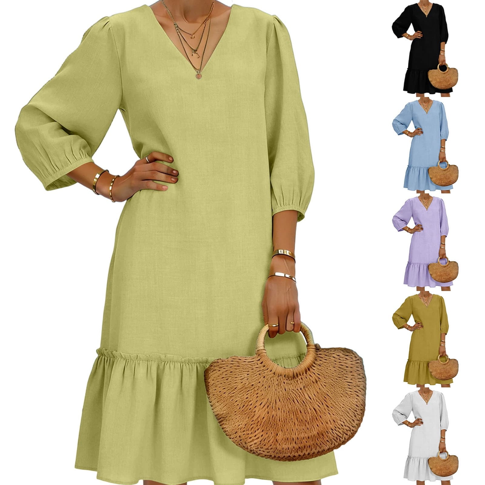 Feancey Vacation Dresses for Women V-Neck 3/4 Sleeve Mini Dress Tiered ...