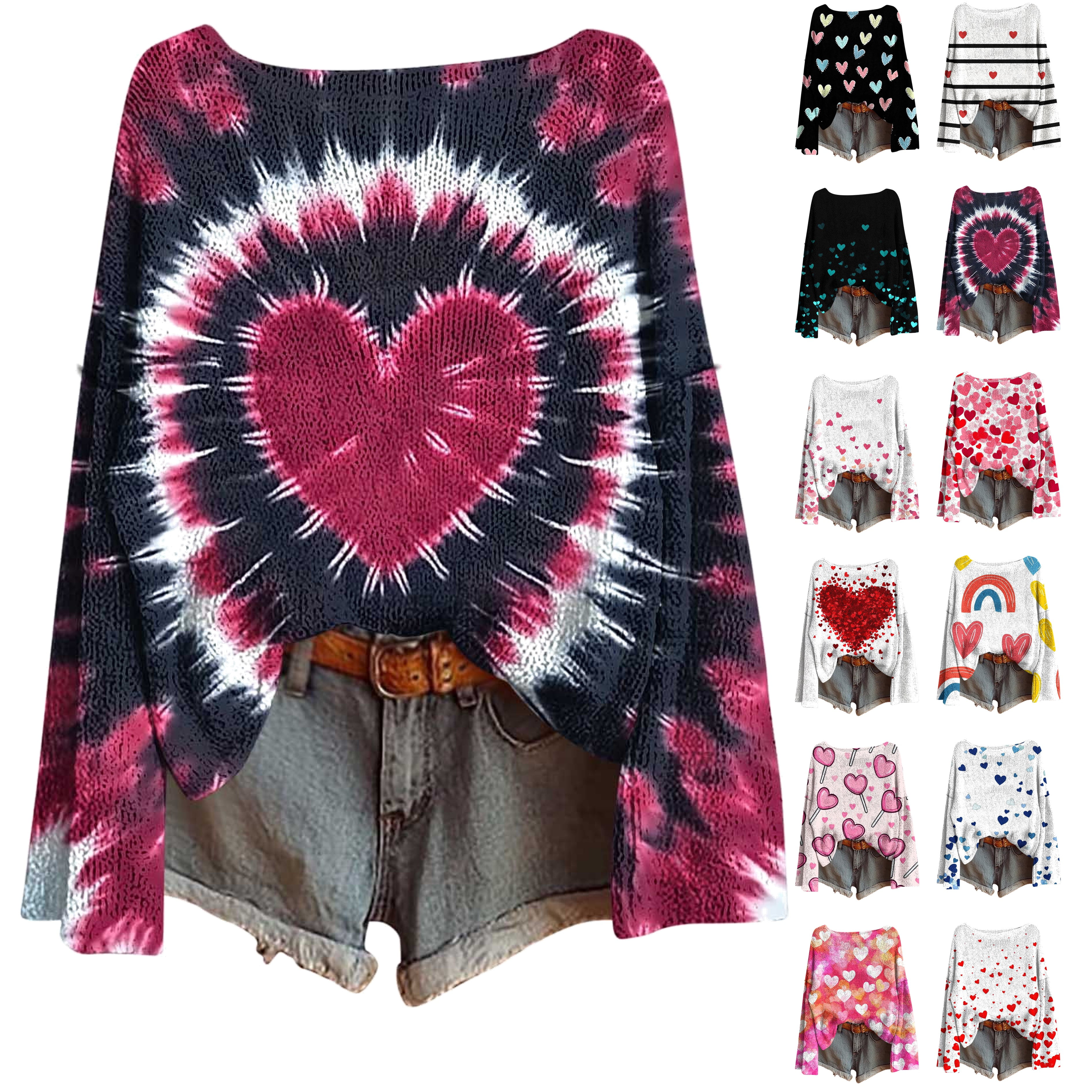 Feancey Valentines Day Sweaters for Women Fancy Heart Printed Cute Tops Spring Long Sleeve ...