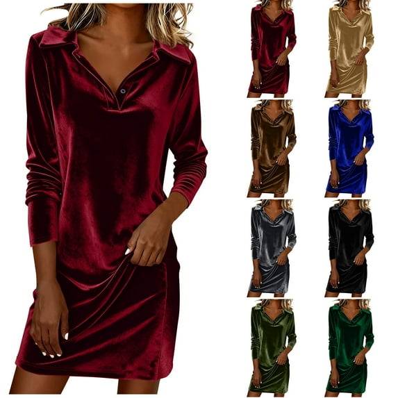 Feancey Velvet Party Dresses for Women Long Sleeve Lapel V Neck Button ...