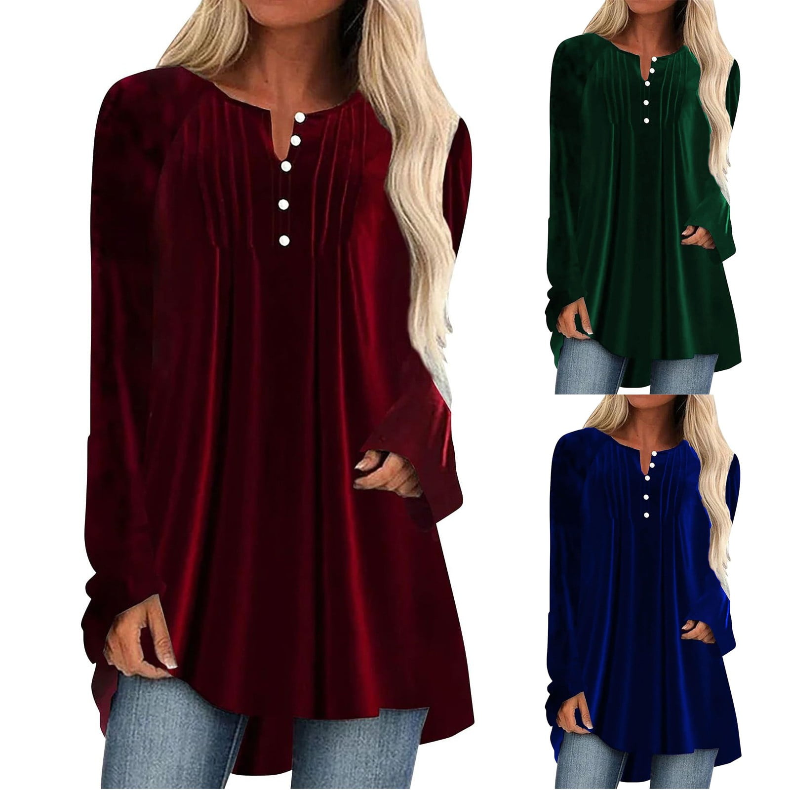 Feancey Velvet Tunic Tops for Women Plus Size Casual Button V Neck ...
