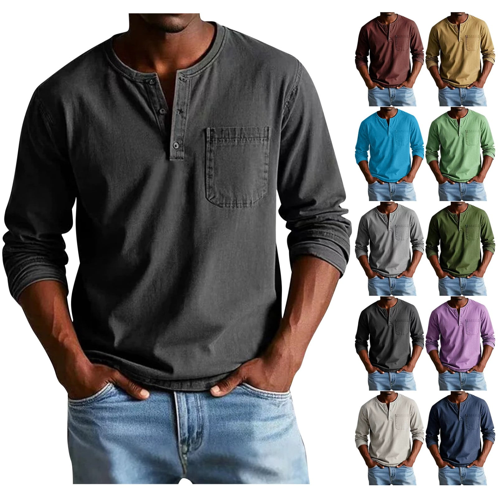Feancey Vintage Henley Shirts for Men Long Sleeve Button V Neck T-Shirts Solid Color Washed ...