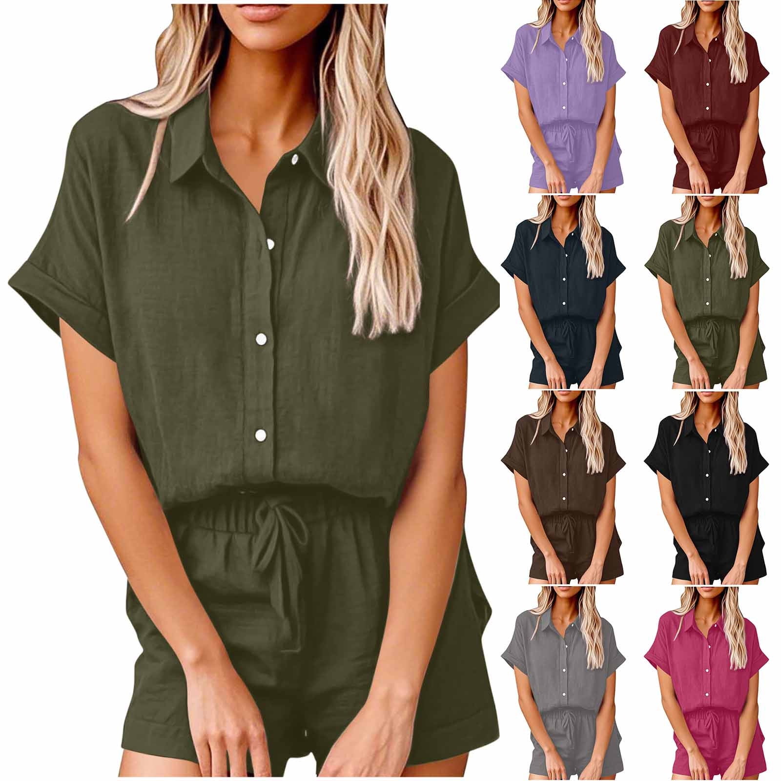 Feancey Women Cotton Linen Short Sets 2 Piece Outfits Casual Button ...